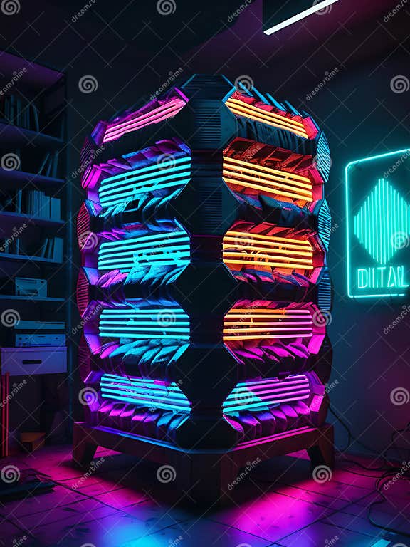 AI Generated Illustration of a Digital Beehive with Neon Lights Stock ...