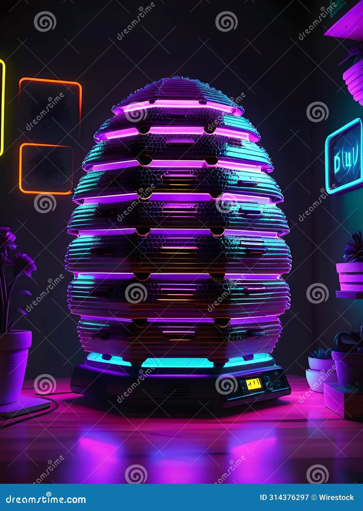 AI Generated Illustration of a Digital Beehive with Neon Lights Stock Illustration ...