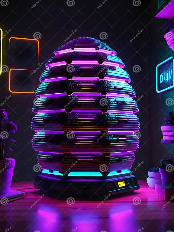 AI Generated Illustration of a Digital Beehive with Neon Lights Stock ...