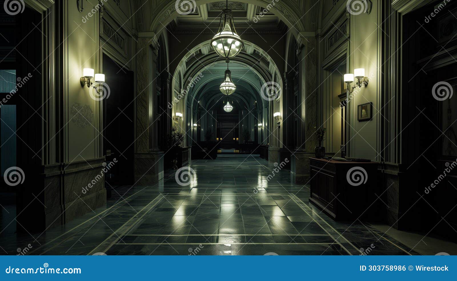 AI Generated Illustration of a Dimly Lit Corridor of a Modern Building ...