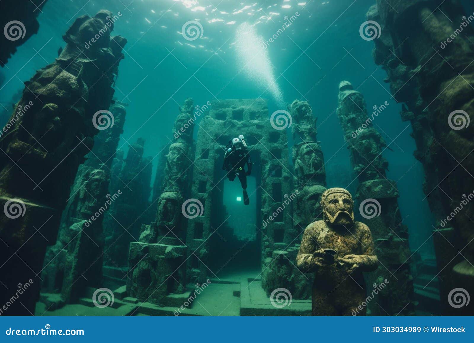AI Generated Illustration Of A Diver Exploring The Old Sculptures Of ...
