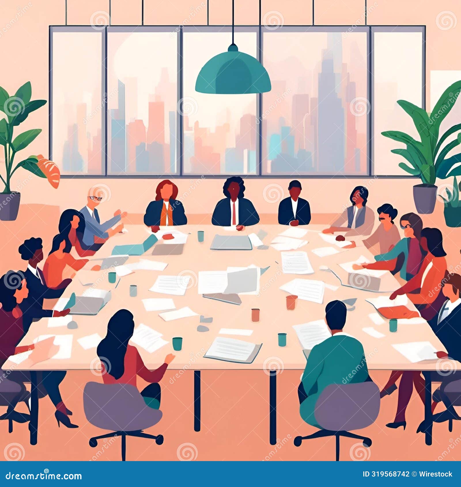 A Group of People Sitting at a Table with Documents Around it Stock ...