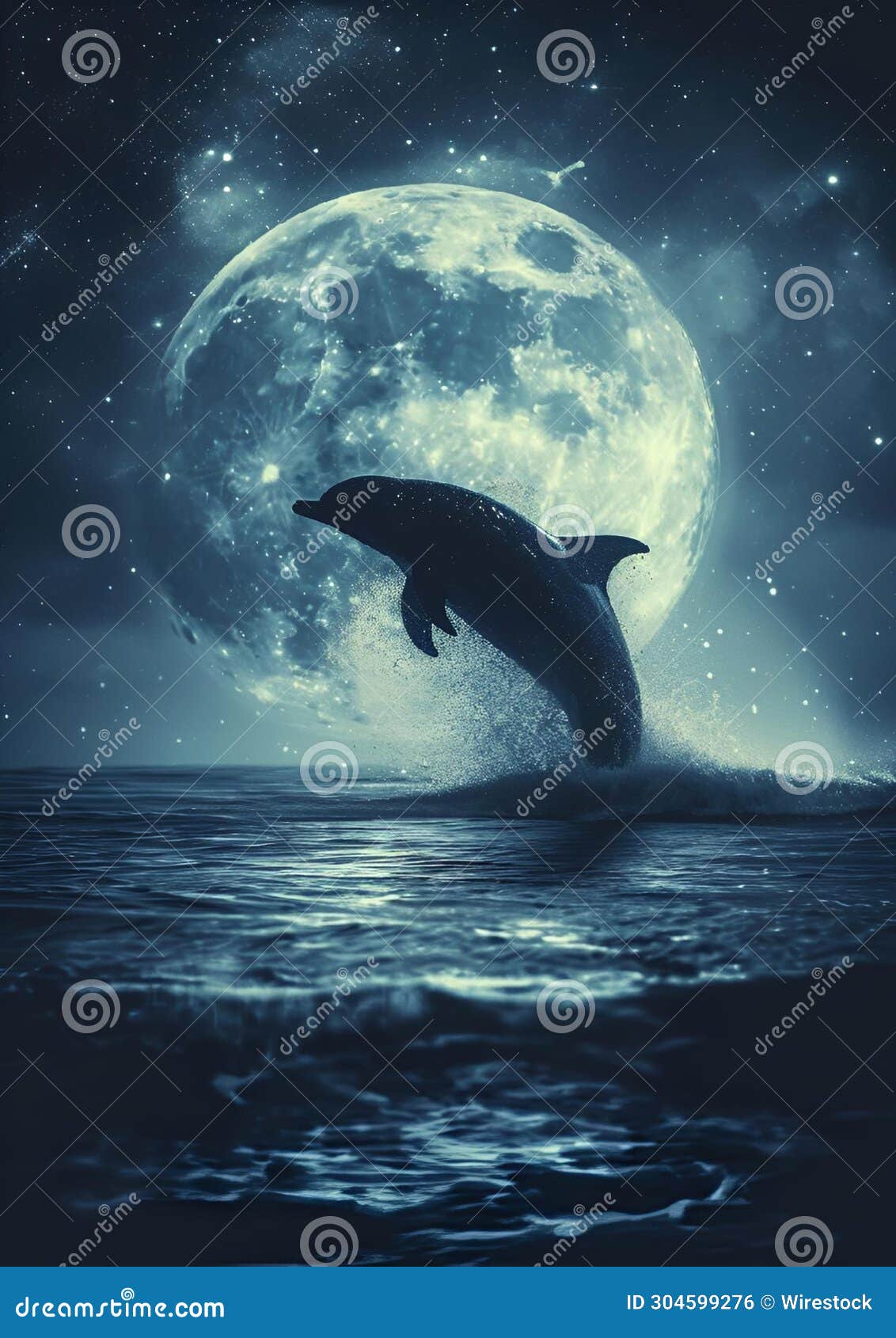 AI Generated Illustration of a Dolphin Leaping Under the Luminous Full ...