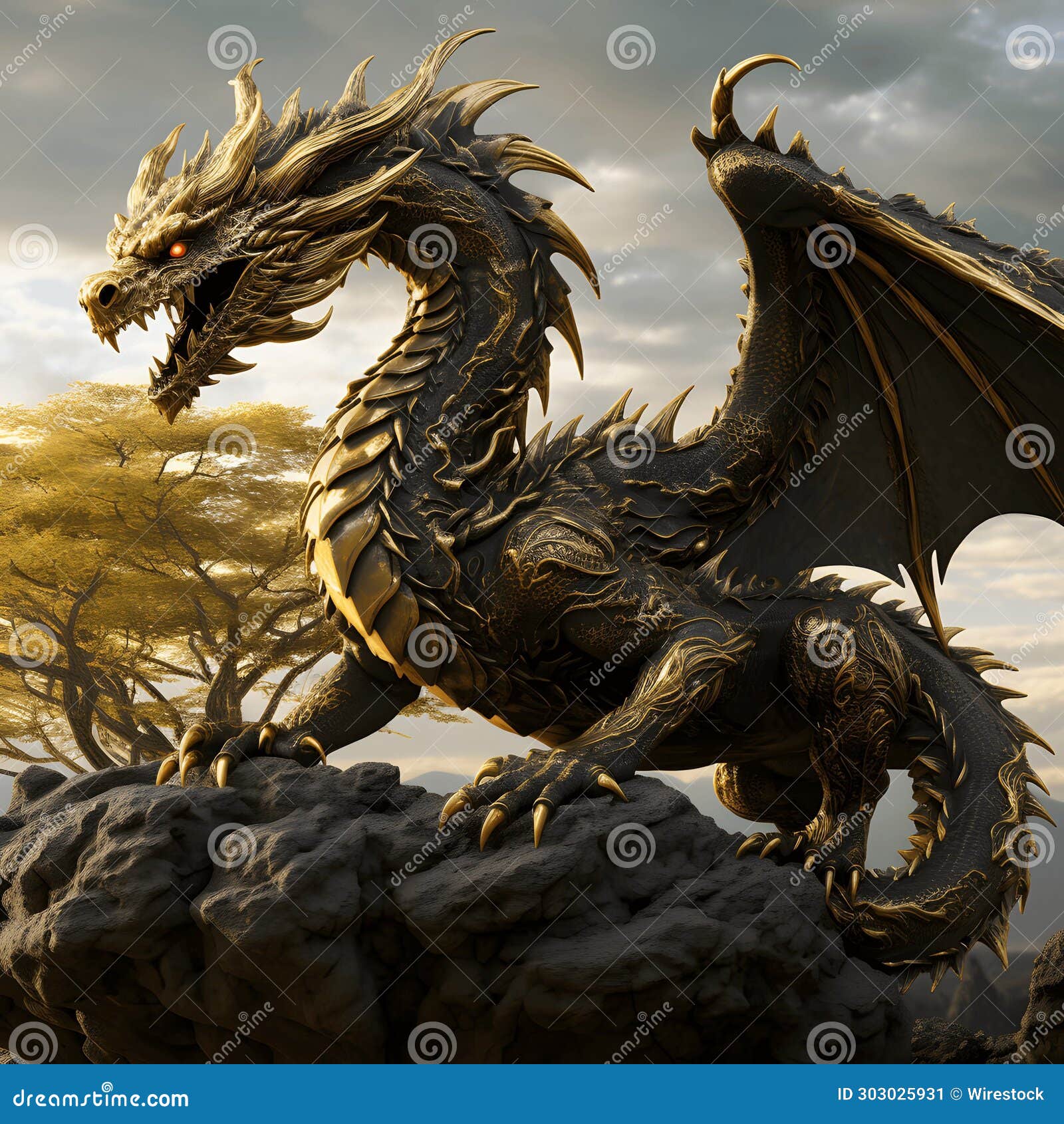 AI Generated Illustration of a Dragon Perched on a Rock Stock ...