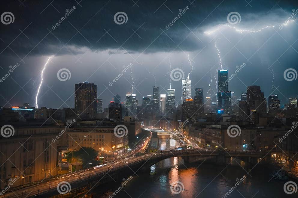 Thunders and Lightnings Strike Across the Cityscape Stock Illustration - Illustration of flashes ...