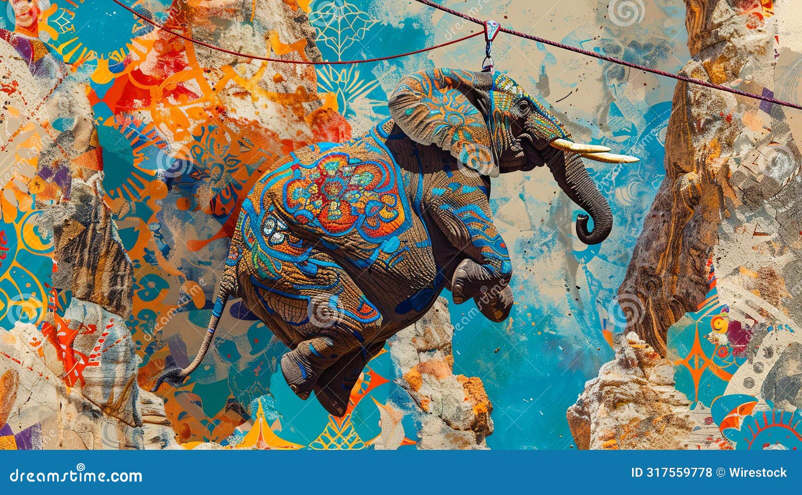 AI Generated Illustration of an Elephant Levitating Above Vibrant Mural ...