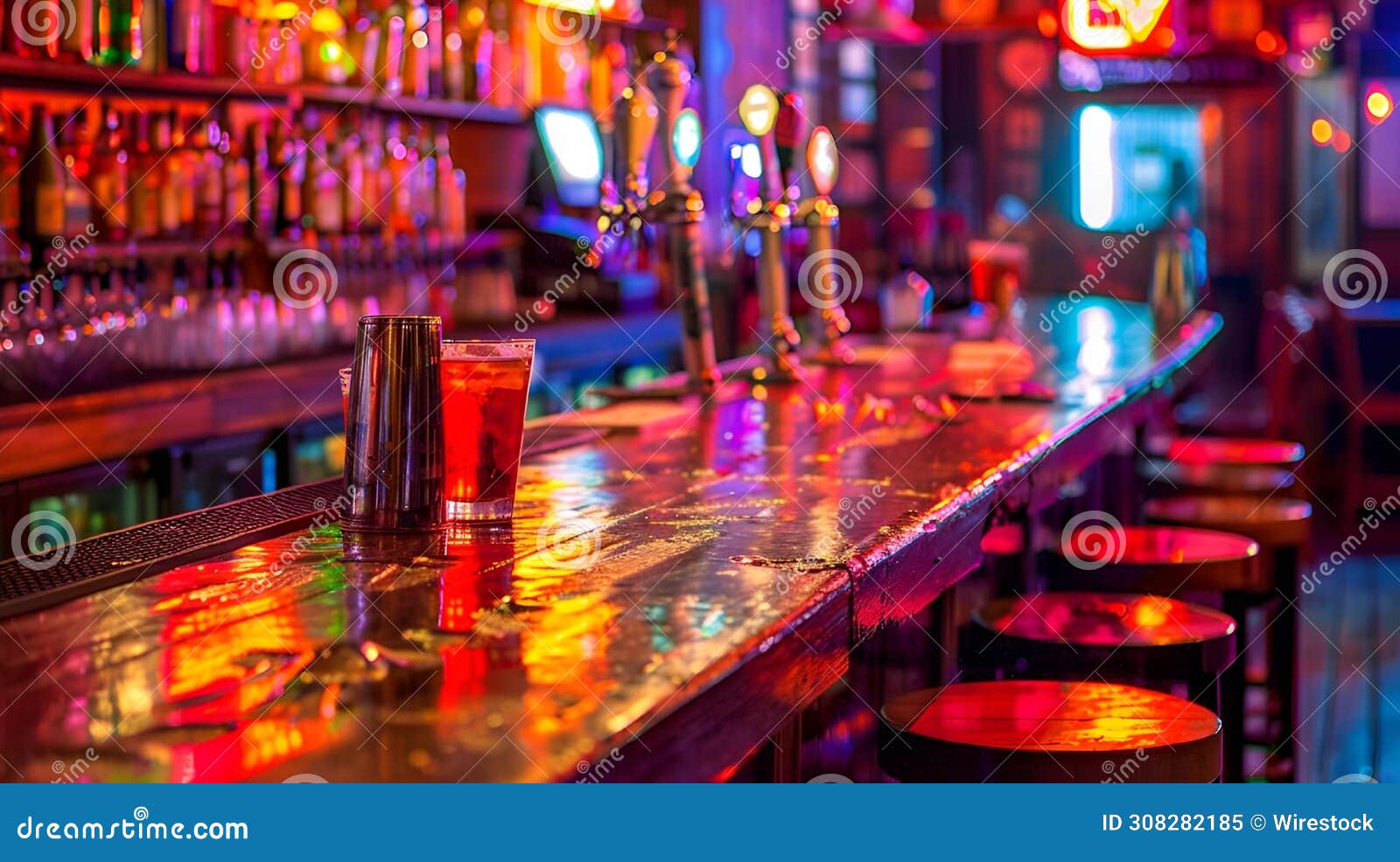 AI Generated Illustration of an Empty Bar with Red Stools and a Long ...