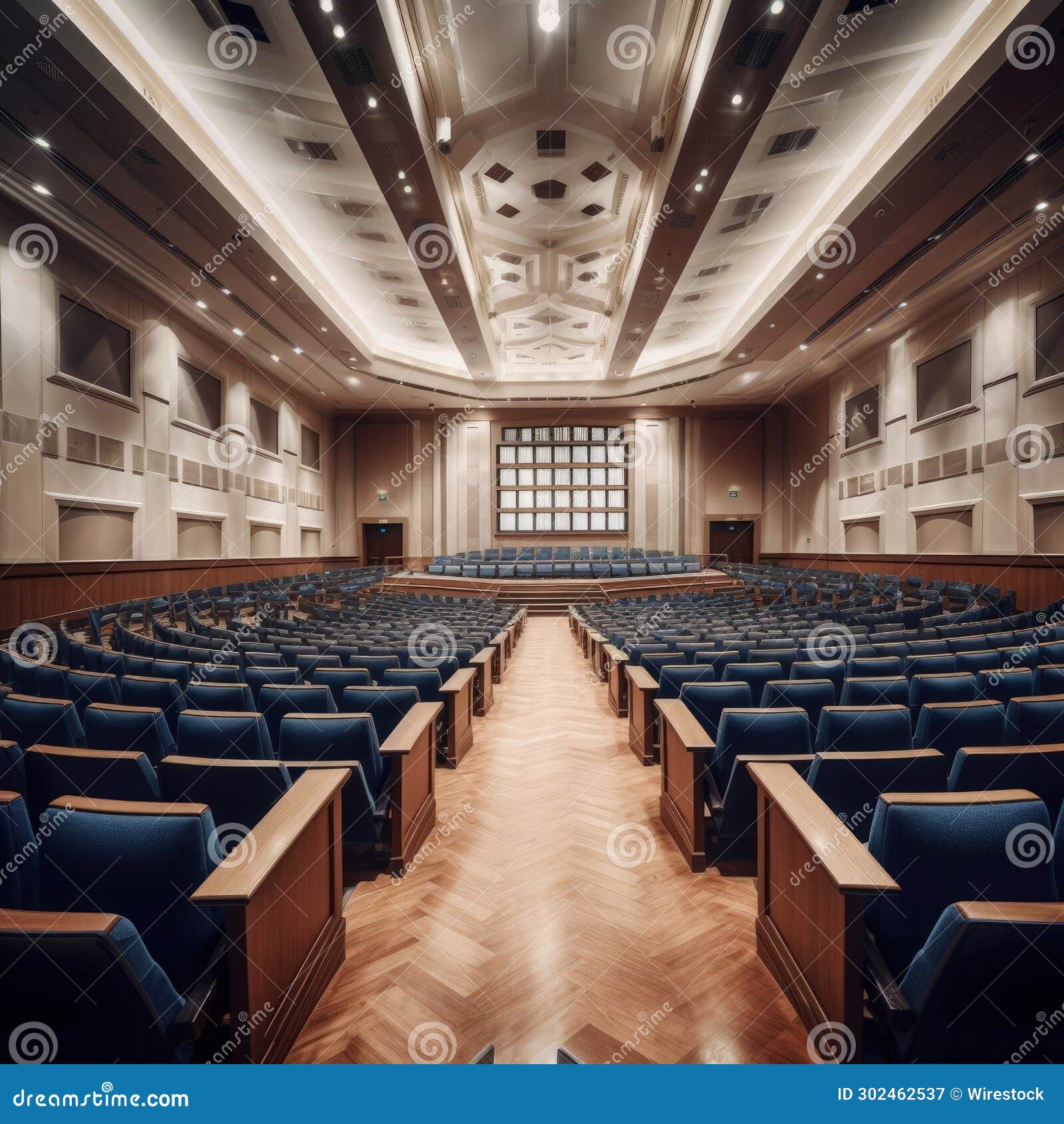 AI Generated Illustration of an Empty Modern Lecture Hall with Blue ...