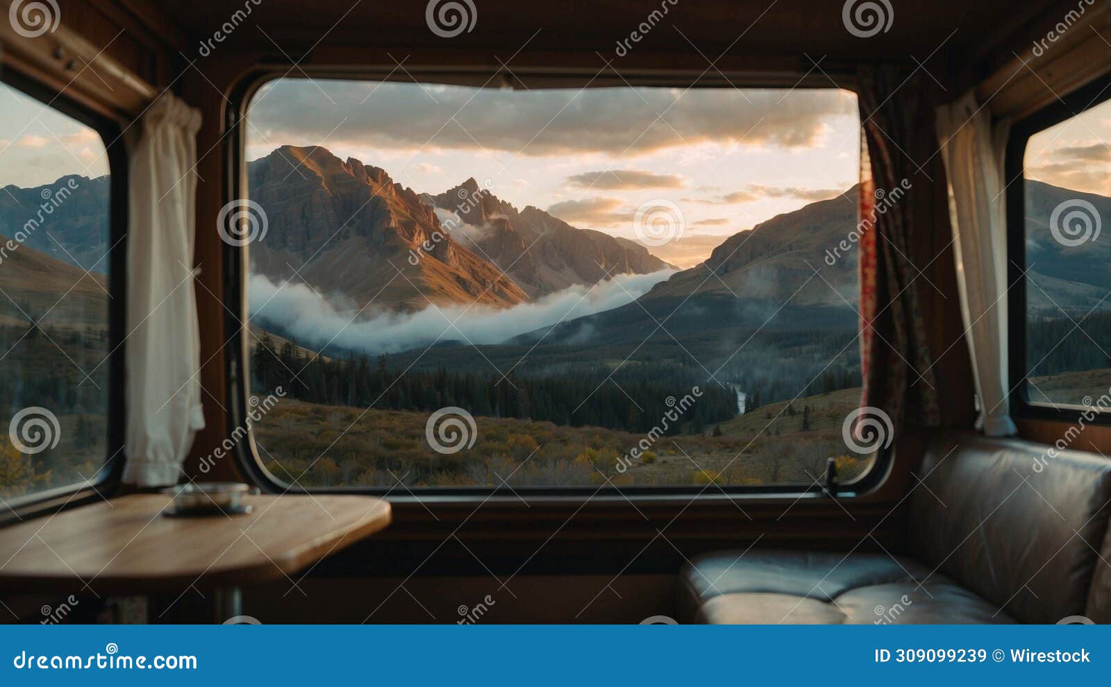 AI-generated Illustration of an Empty Train Car with a Mountain View through Windows and Seats ...