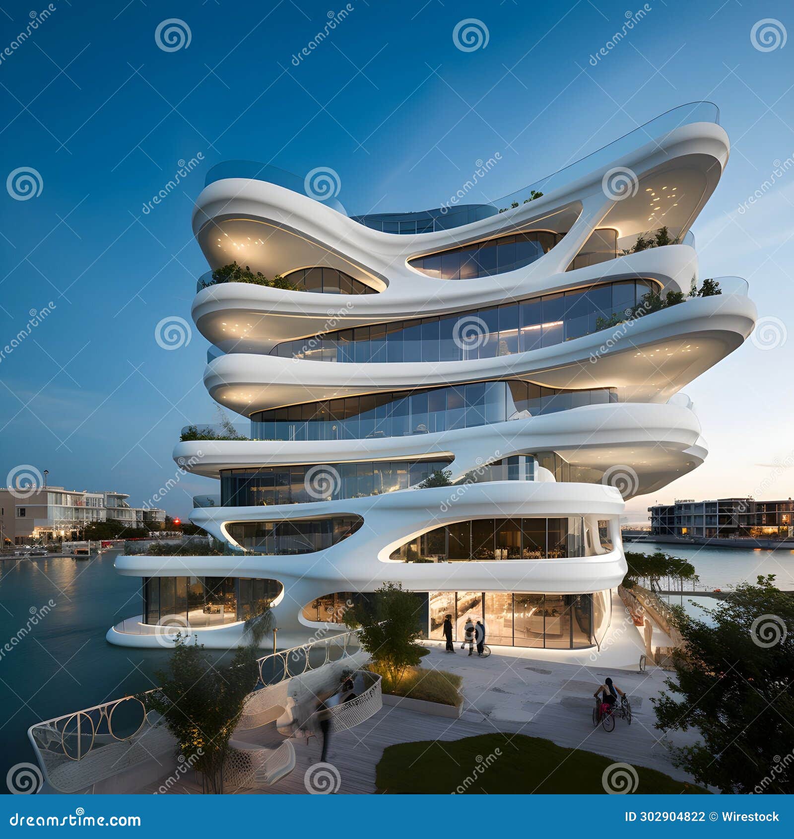 A Very Large Building with a Water Front Next To the Shore Stock ...