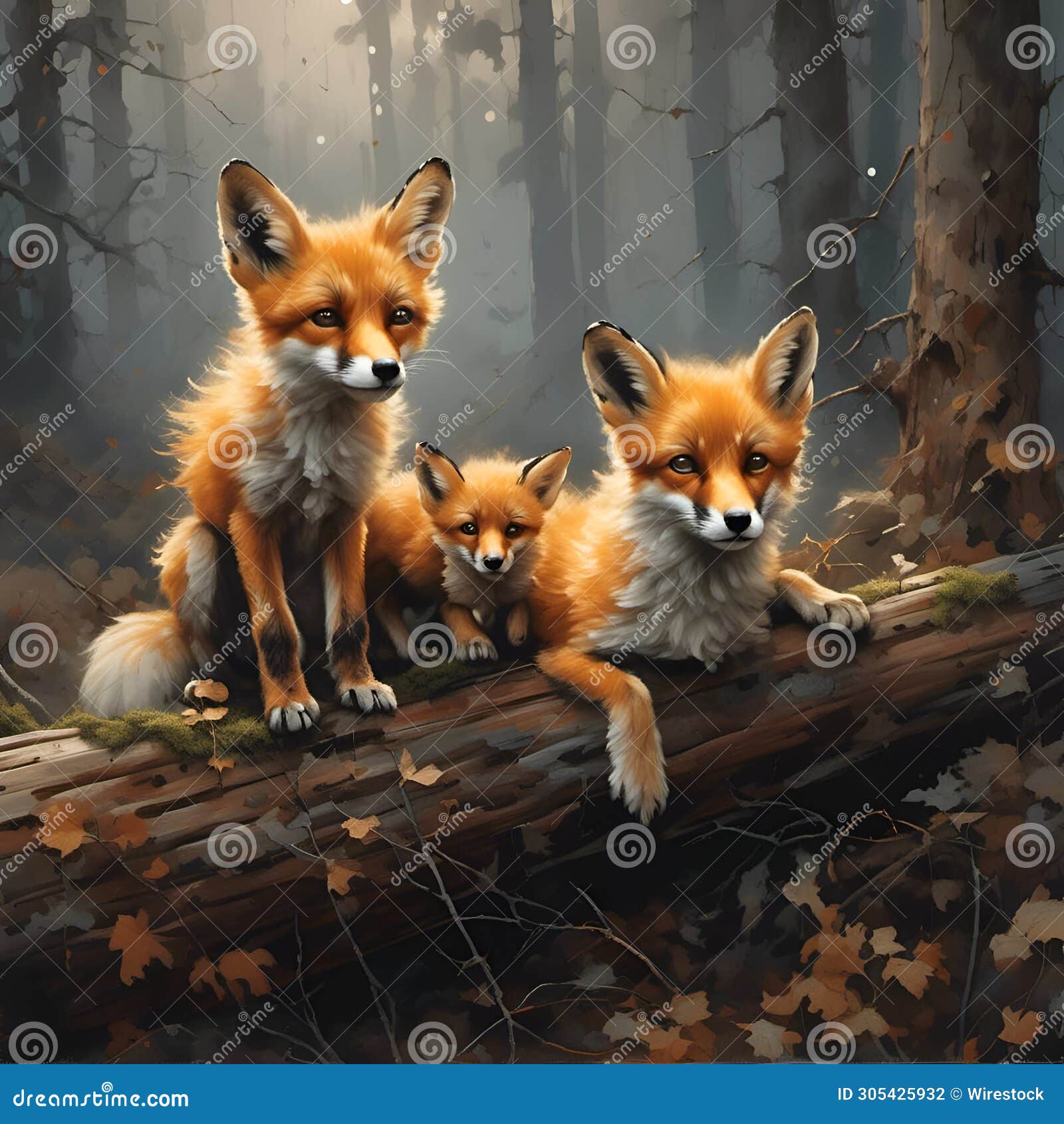AI Generated Illustration of a Family of Foxes Resting on a Log in the ...