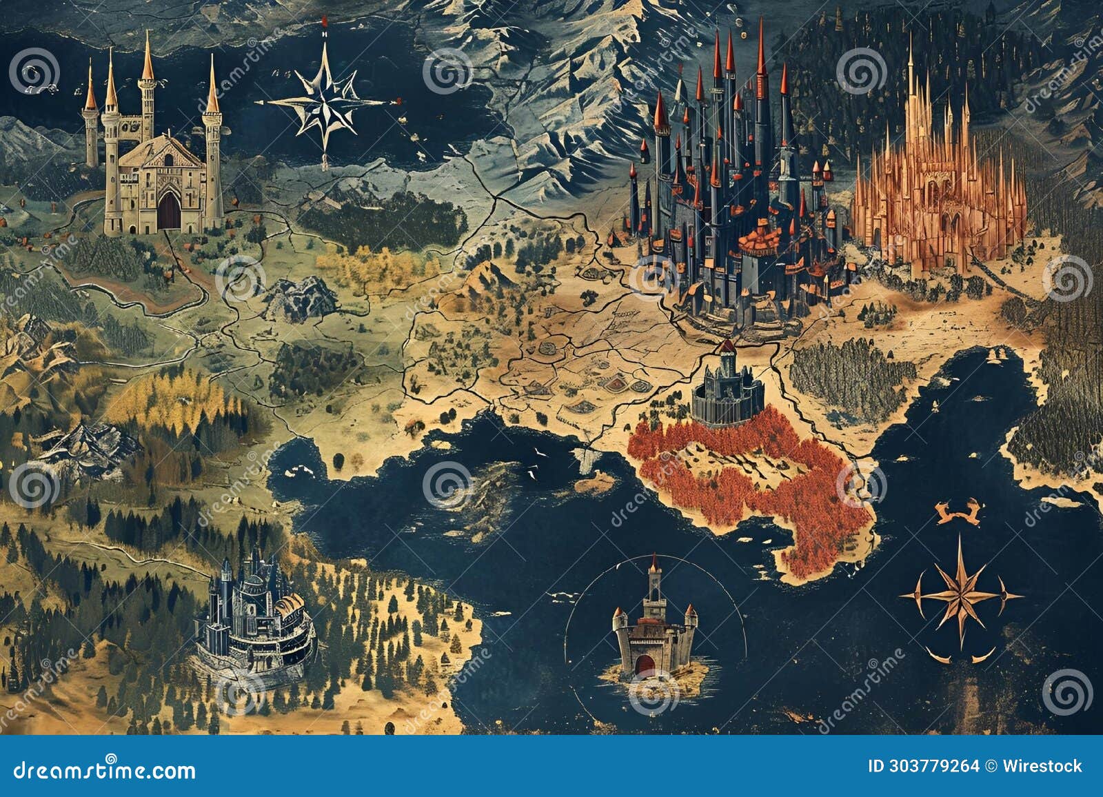 AI Generated Illustration of a Fantasy Map Illustration Featuring an ...