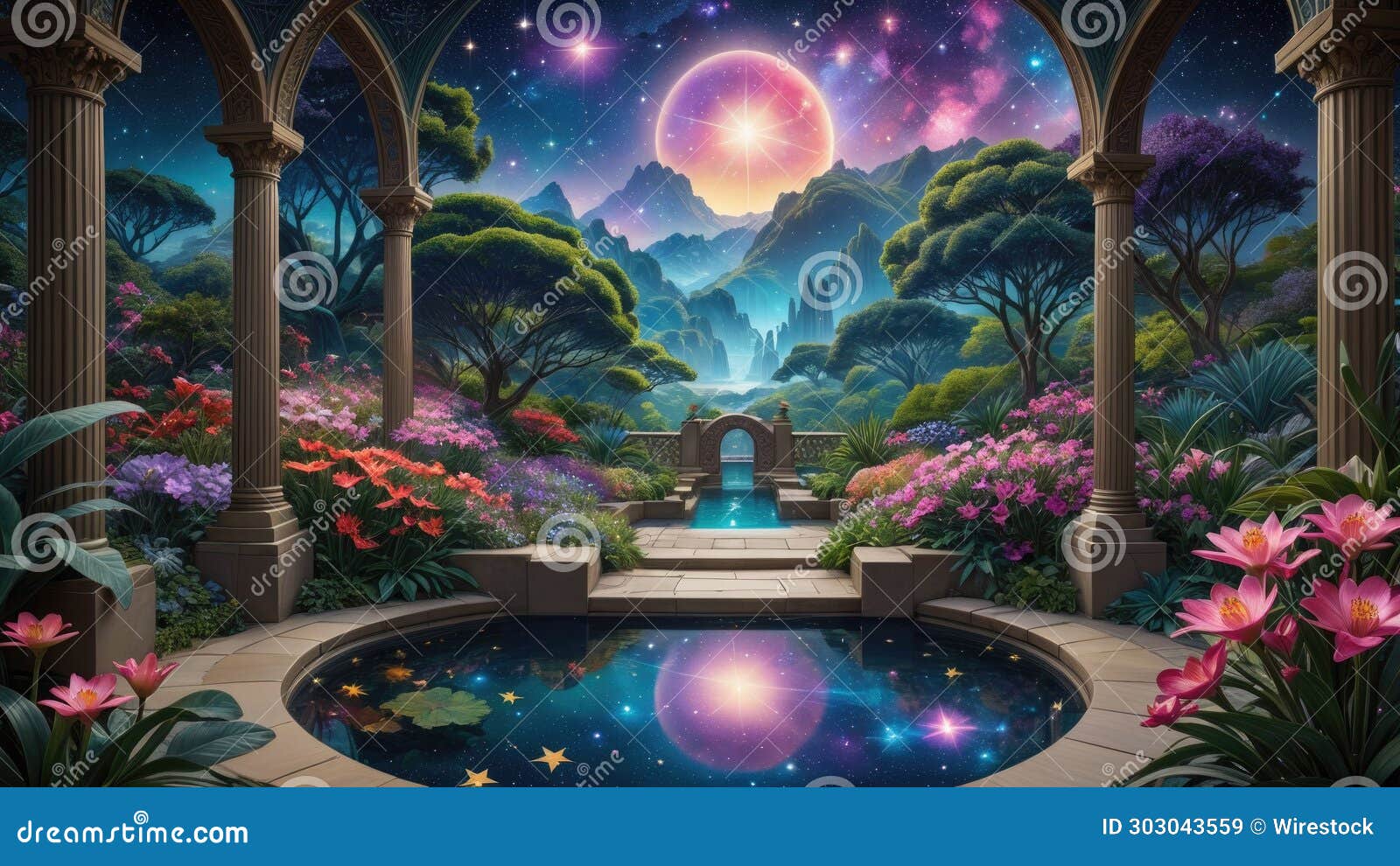 AI Generated Illustration of a Fantasy Oasis Under the Starry Night Sky ...