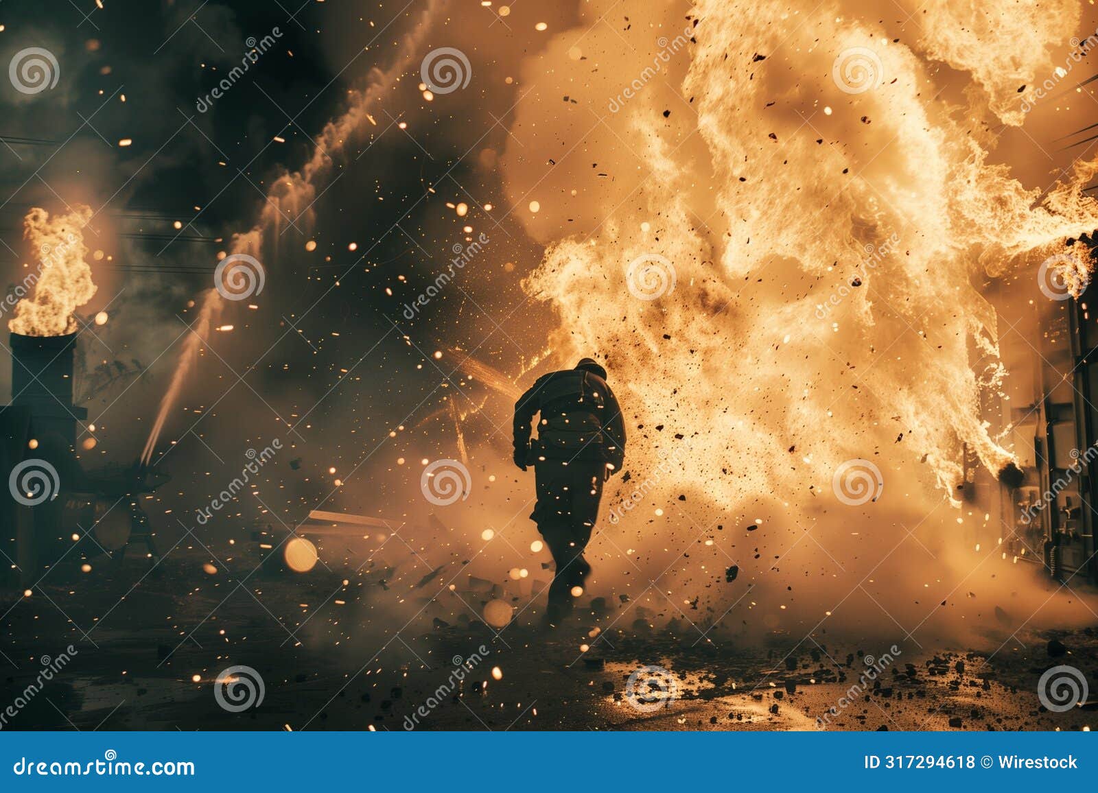 AI Generated Illustration of a Firefighter Sprinting Ahead of a Massive ...