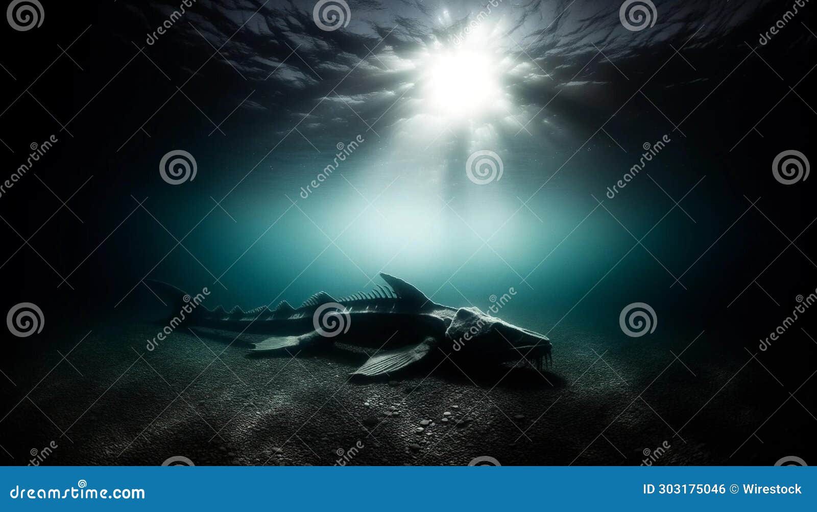 AI Generated Illustration of a Fish Skeleton at the Bottom of the Sea ...