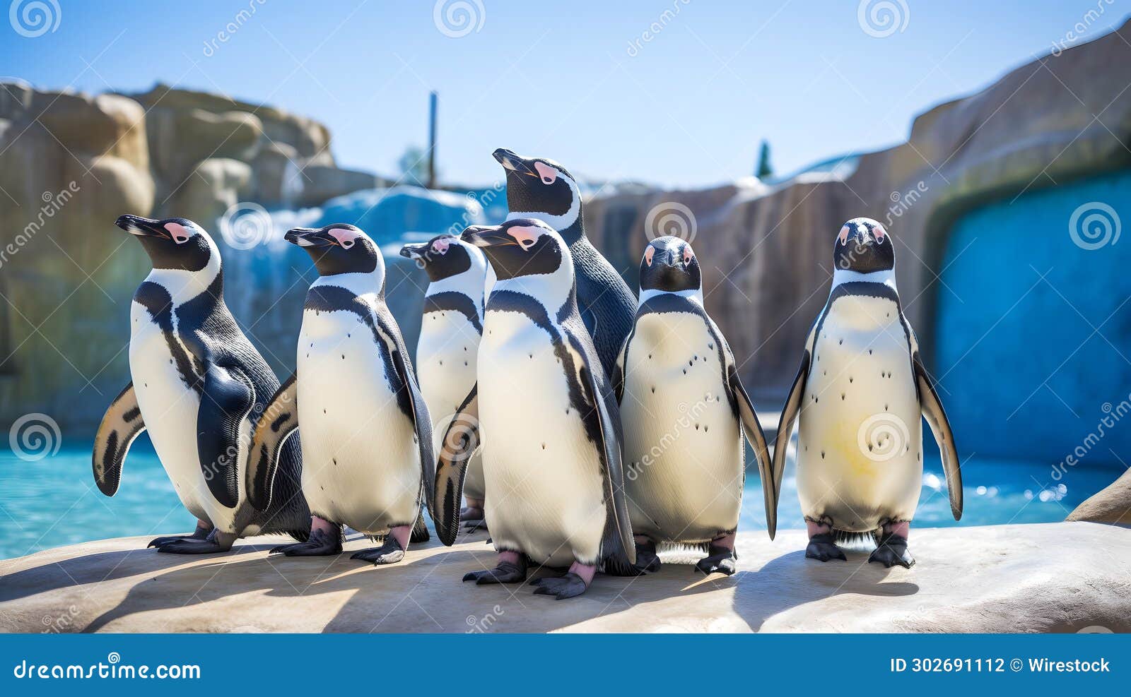 A Group of Penguins Standing in the Sun by a Pool Stock Illustration ...