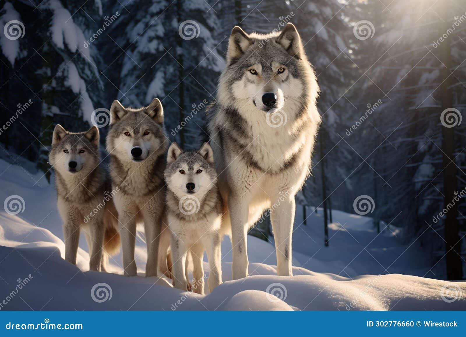 AI Generated Illustration of Four Grey Wolves Standing Together in a ...