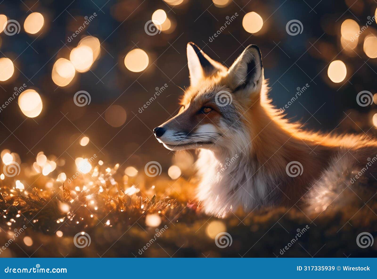 A Fox Laying in the Grass and Lit Up with the Night Stock Illustration ...