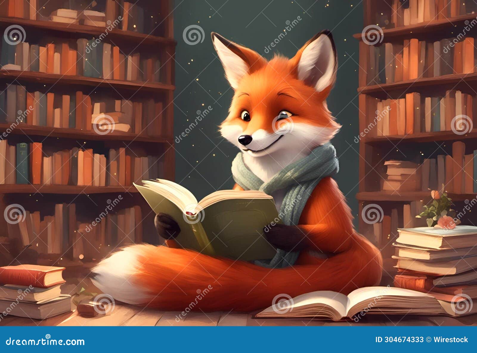 A Fox Sitting in a Library Reading a Book Under the Stars Stock ...