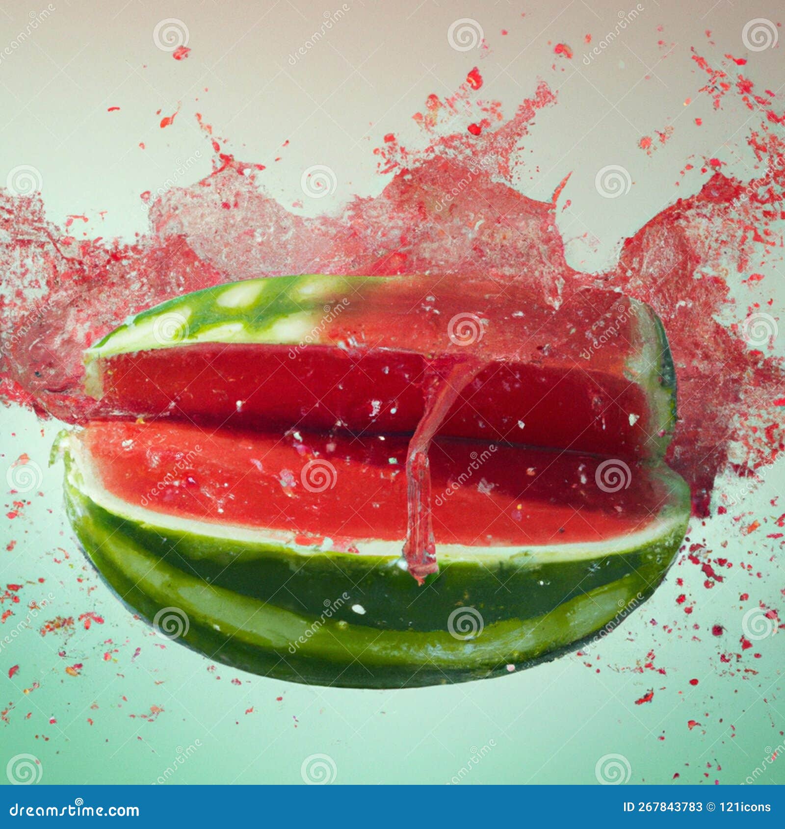 AI Generated Illustration of Fresh Slice of Watermelon Exploding with ... AI Generated Illustration of Fresh Slice of Watermelon Exploding with ...