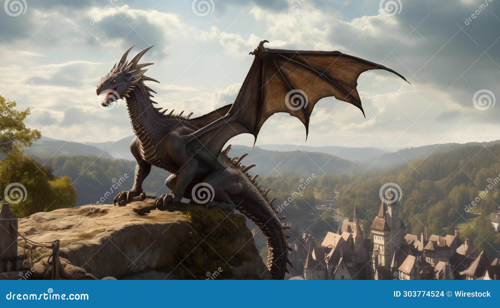 AI Generated Illustration of a Friendly Dragon Overlooking a City ...