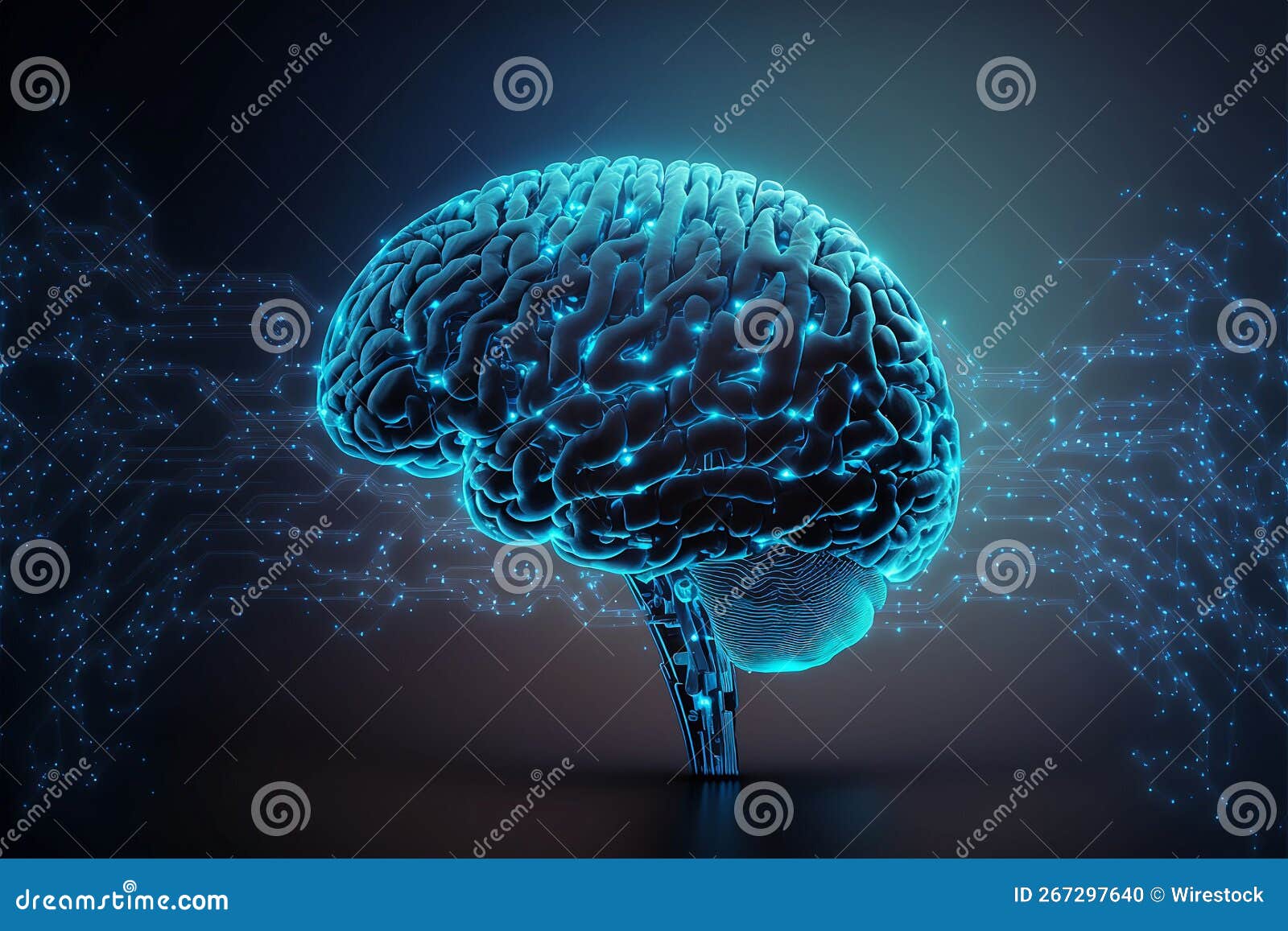 AI Generated Illustration of a Futuristic Glowing Blue Connected Brain ...