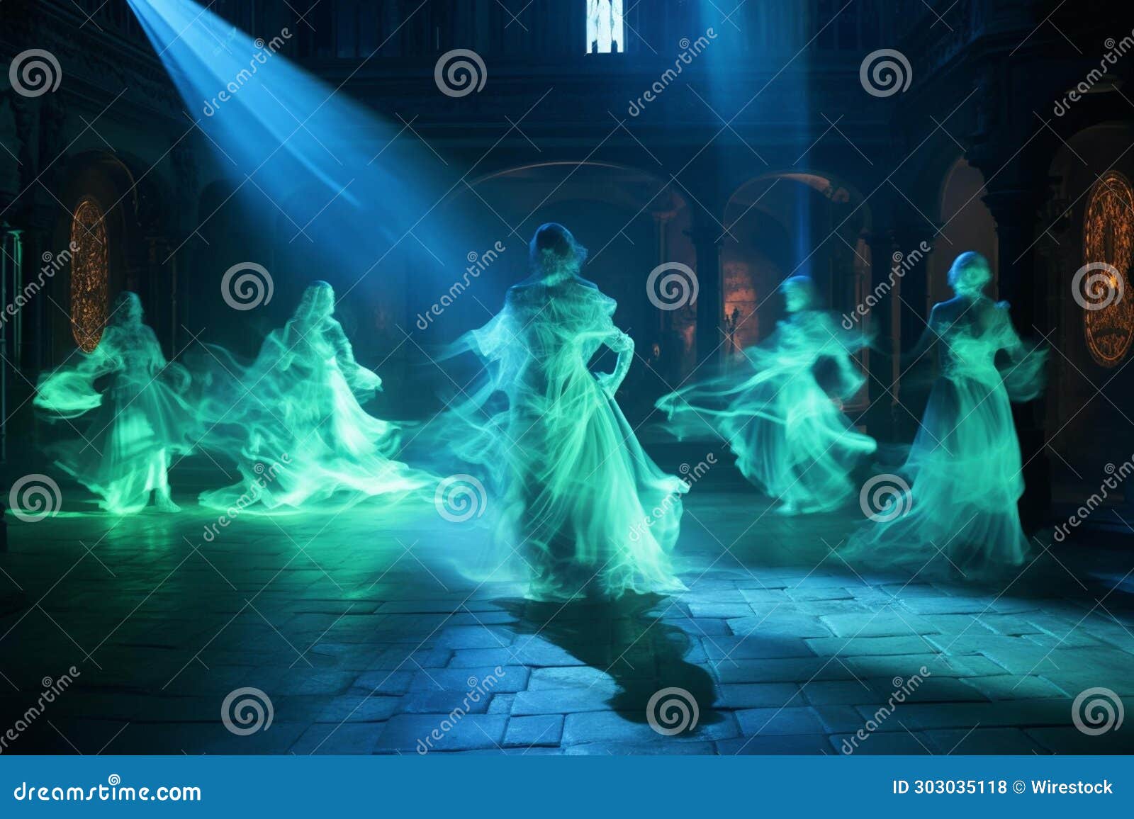 AI Generated Illustration of Ghosts Dancing in a Circle in a Dark Hall ...