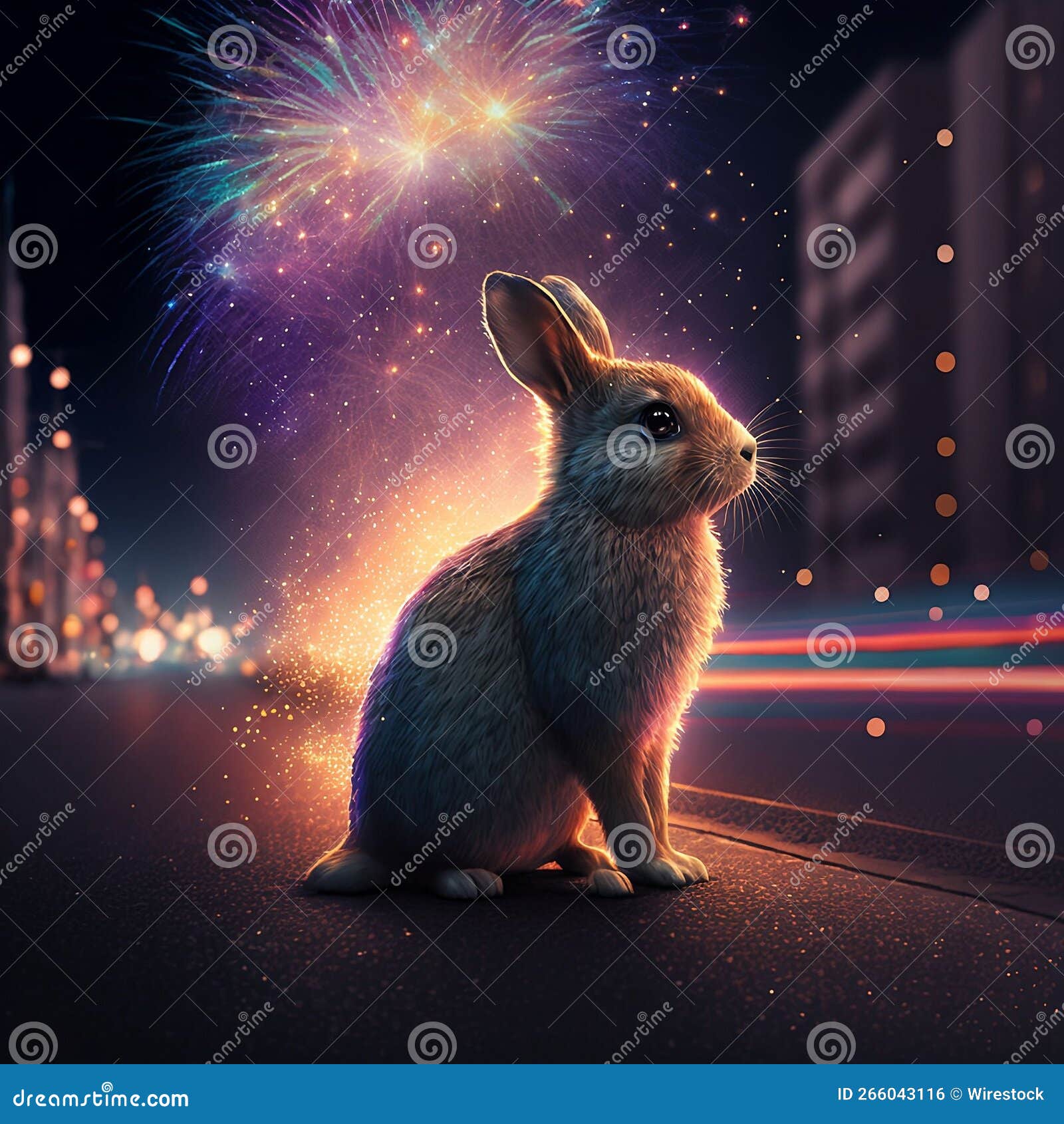 AI Generated Illustration of a Gray Bunny Outdoors with Colorful ...