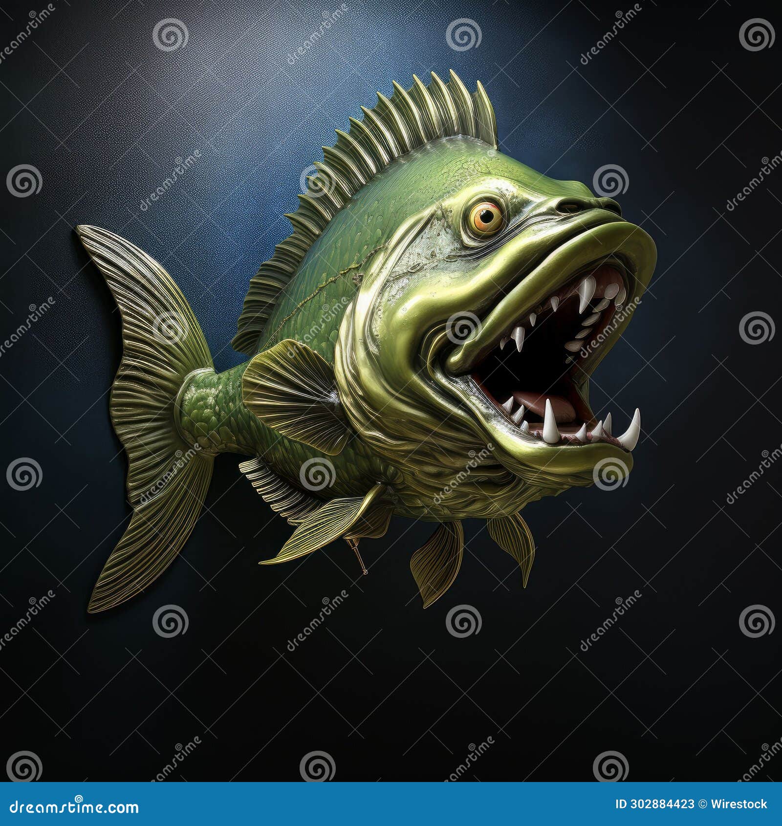 AI Generated Illustration of a Green, Spooky Fish with Sharp Teeth on a ...