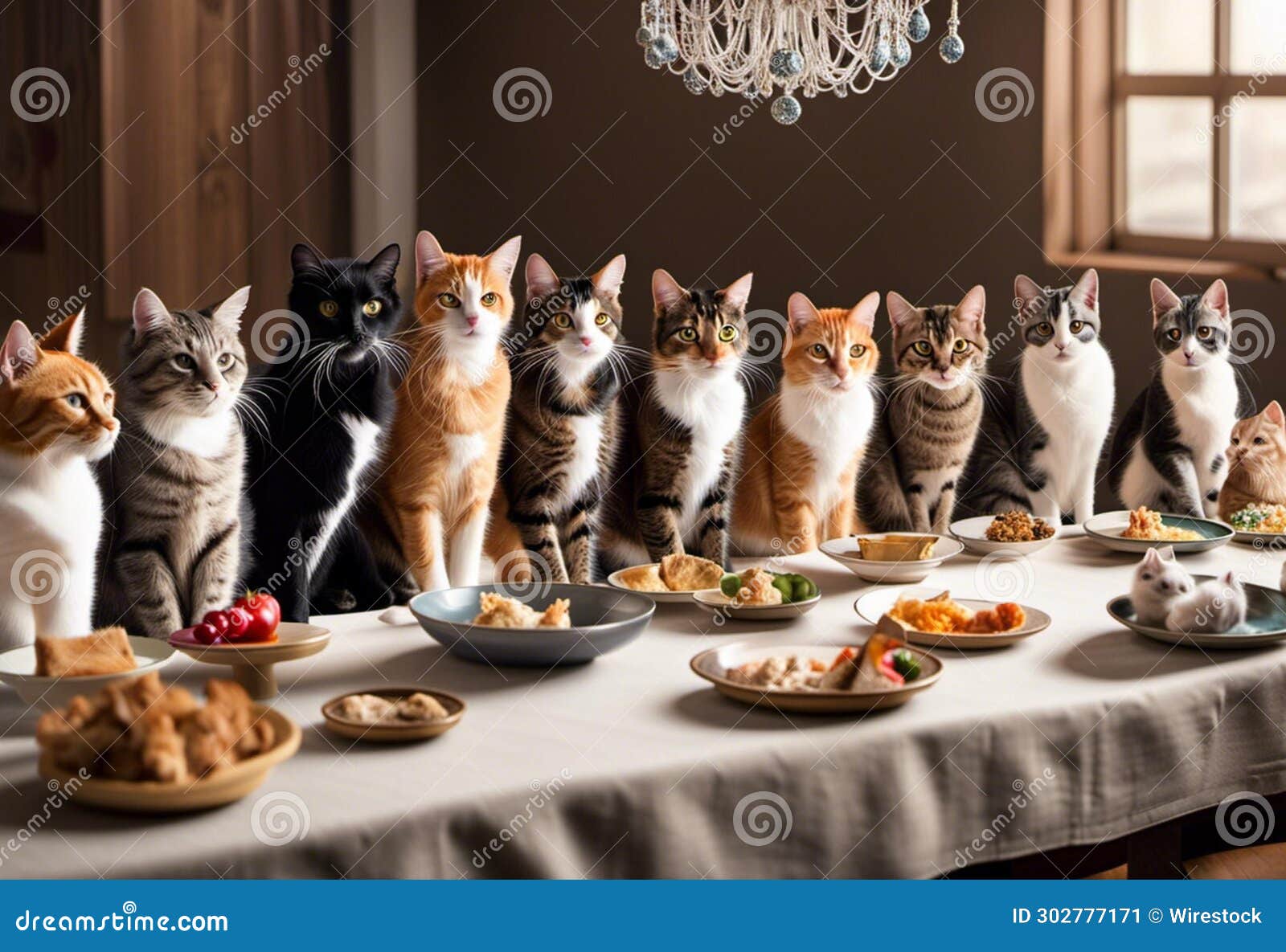 AI Generated Illustration of a Group of Cats Gathering Around a Dinner ...