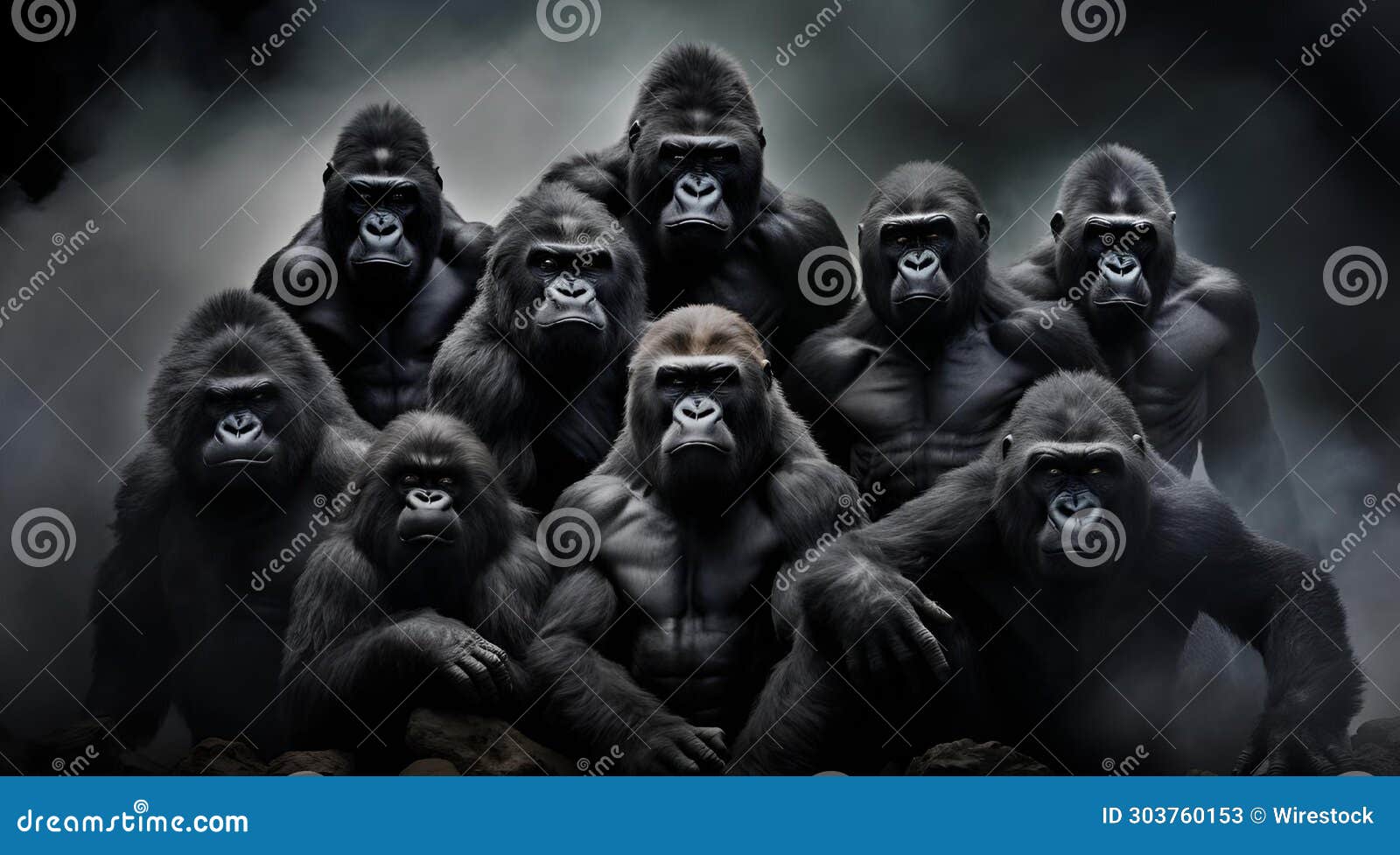 AI Generated Illustration of a Group of Gorillas in a Hazy, Misty Atmosphere Stock Illustration ...