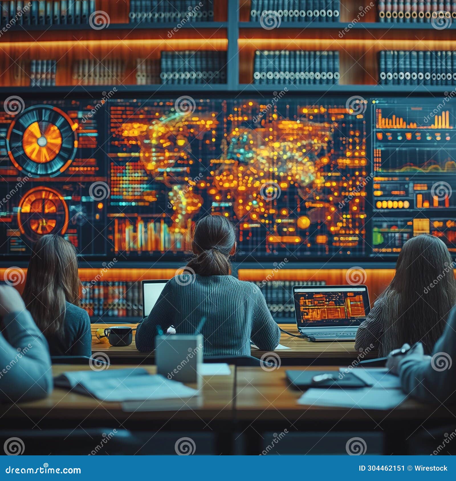 People in a Room with Large Screens Showing Graphs and Data Stock ...