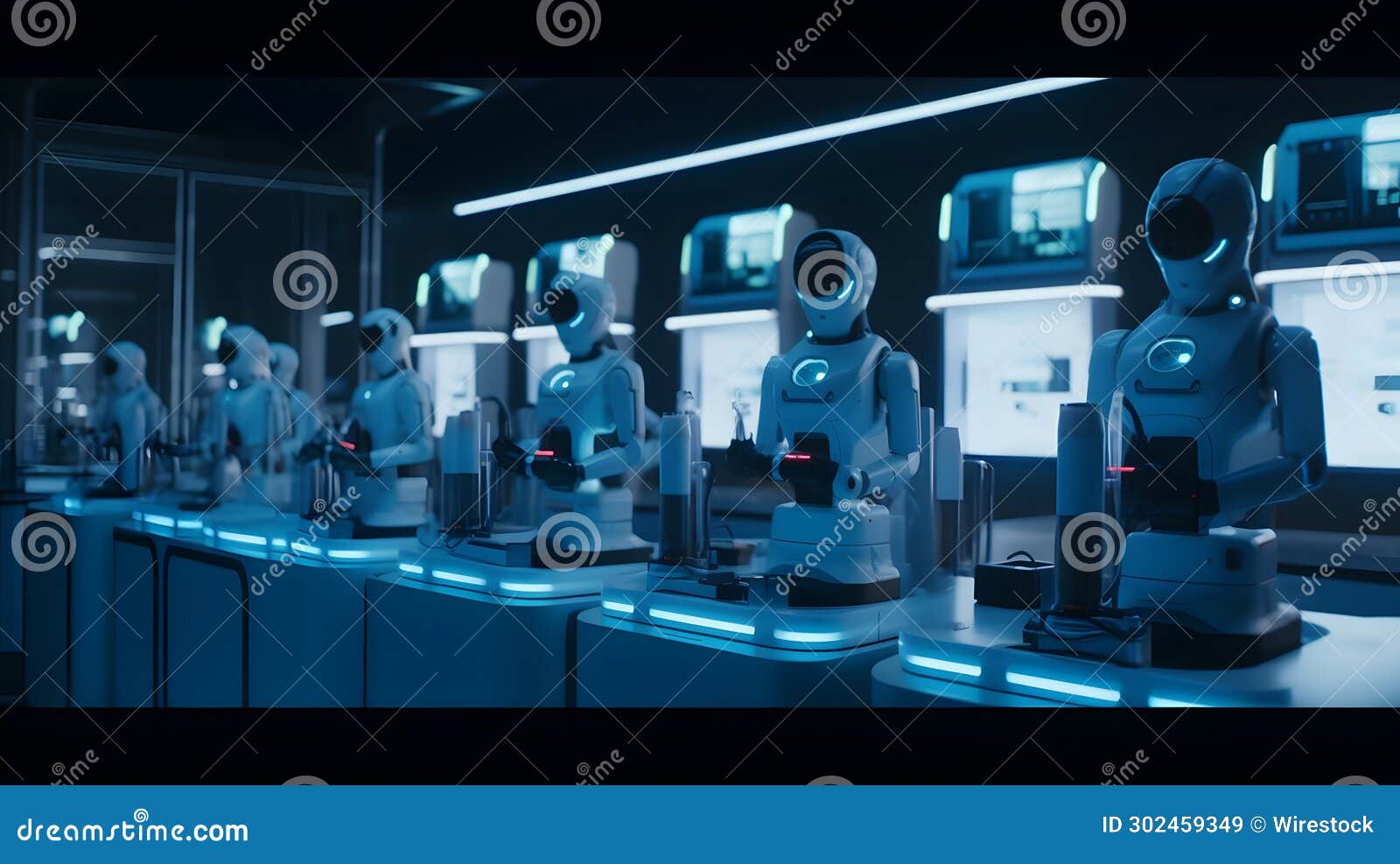 AI Generated Illustration of a Group of Robotic Figures Lined Up in a ...