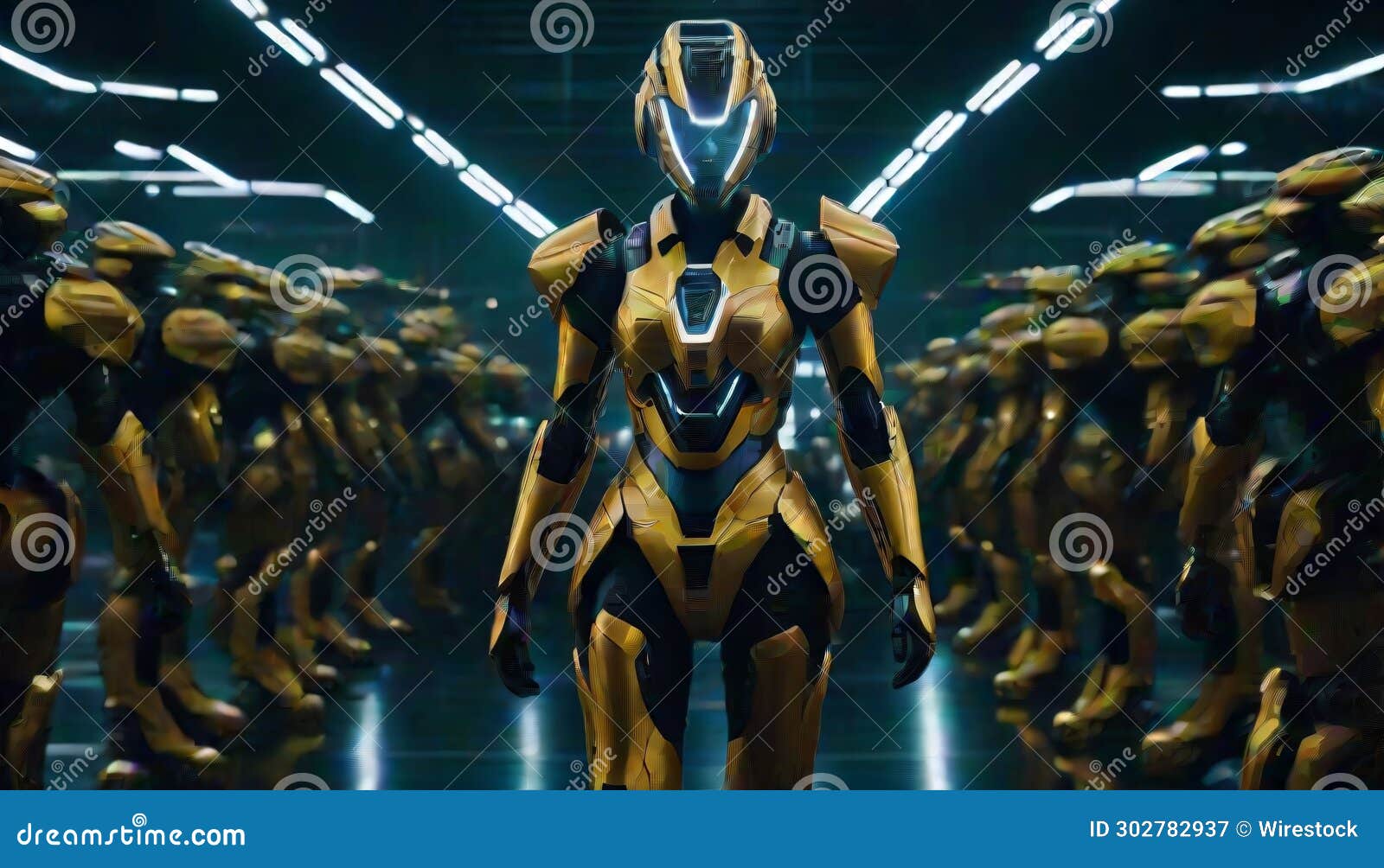 AI Generated Illustration of a Group of Yellow Robots Standing in Rows ...