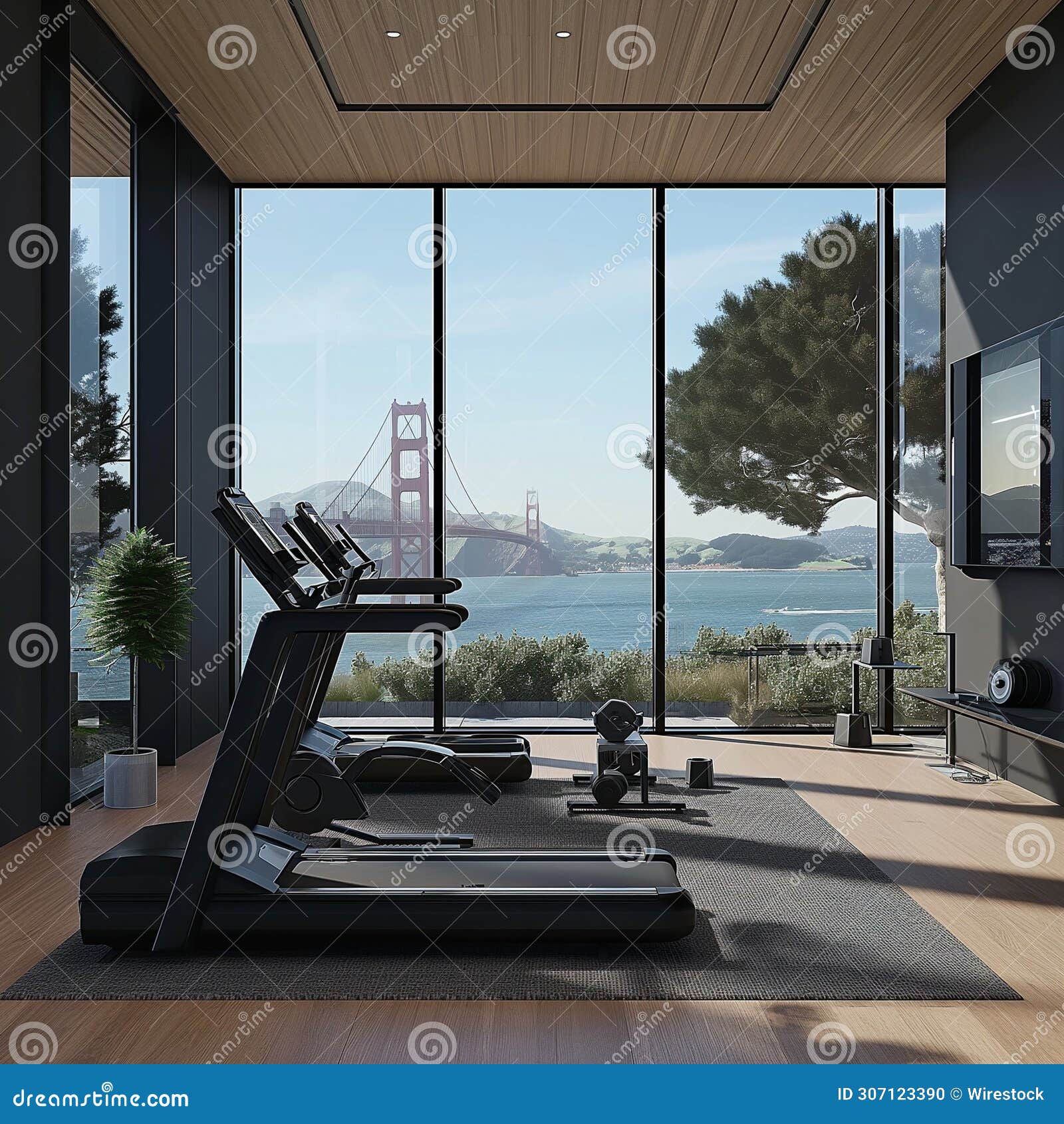 AI-generated Illustration of a Gym with Golden Gate Bridge Views Stock ...
