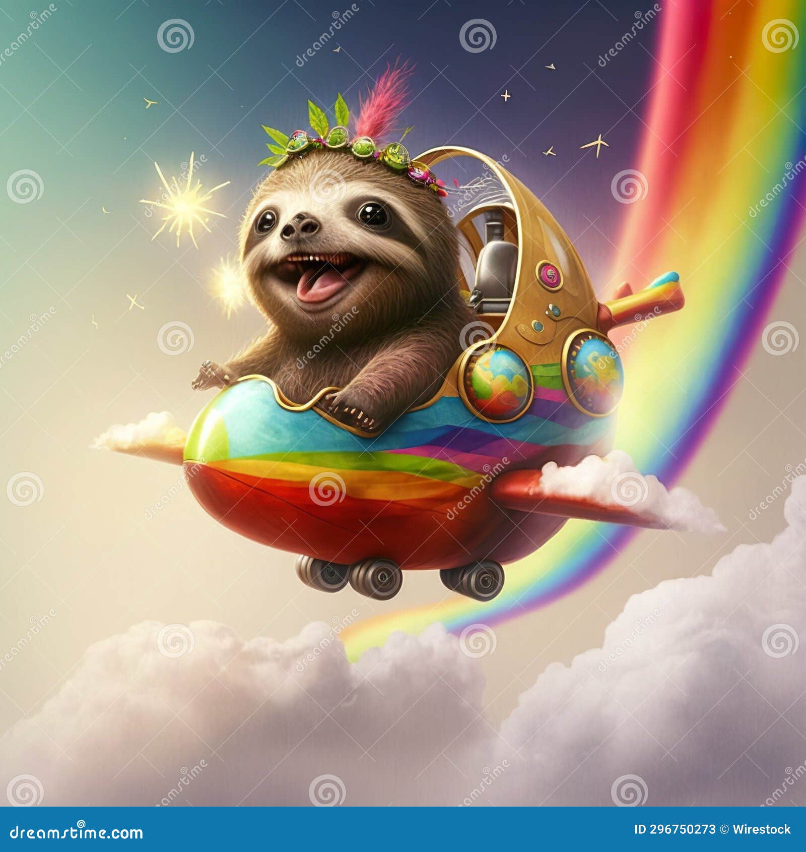 AI Generated Illustration of Happy Sloth in a Rocket in the Sky with a ...