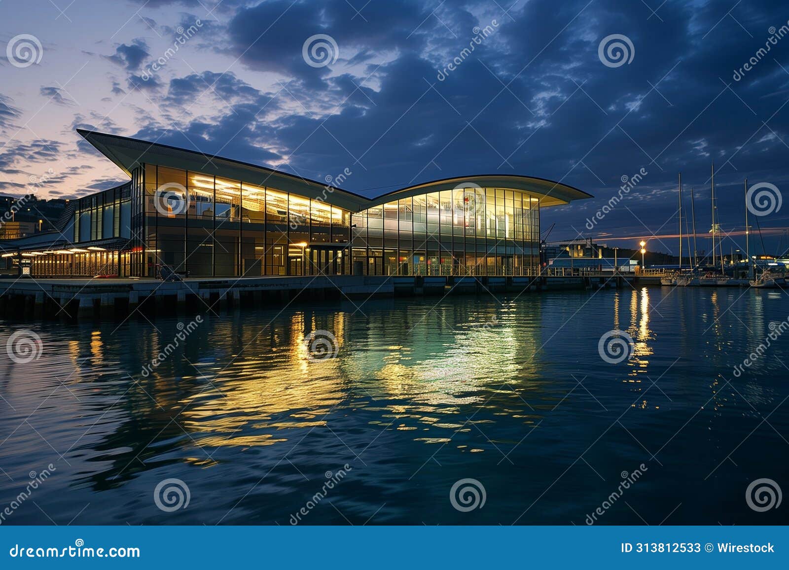 AI Generated Illustration of a Harbour Terminal Building Reflected in ...