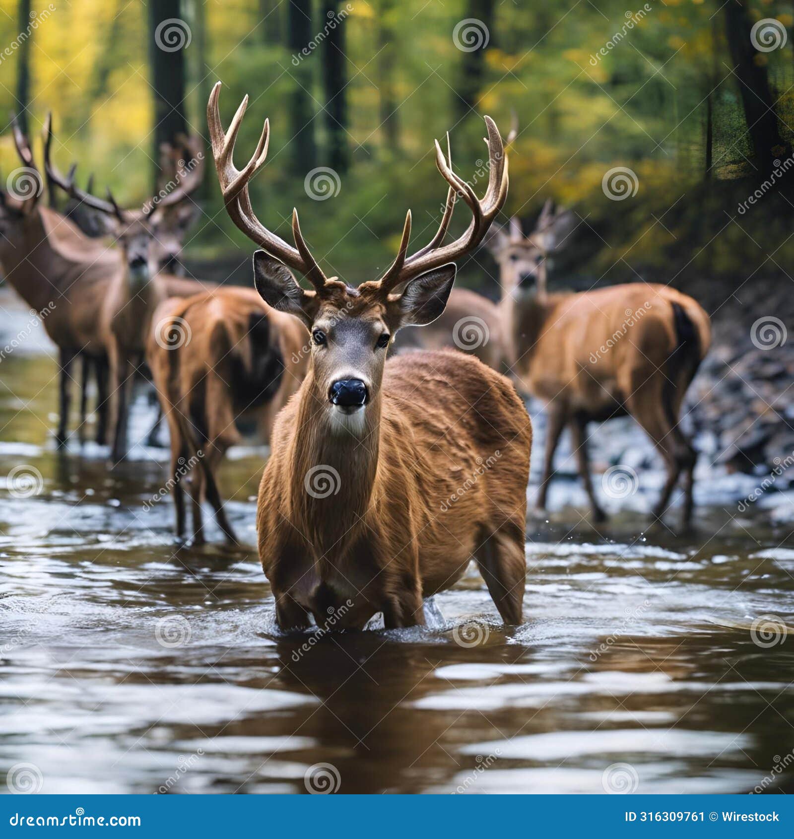 AI Generated Illustration of a Herd of Deer in Water Facing Forward ...