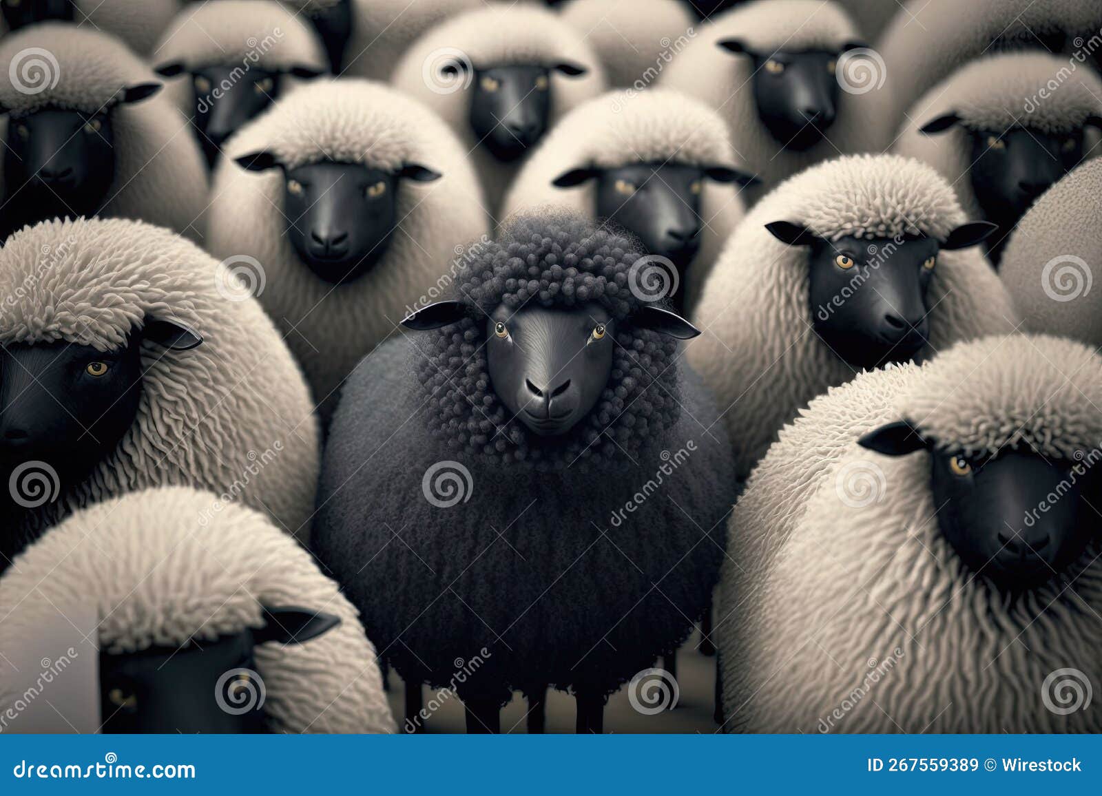 AI Generated Illustration of Herd of White Sheep with a Black One in it ...