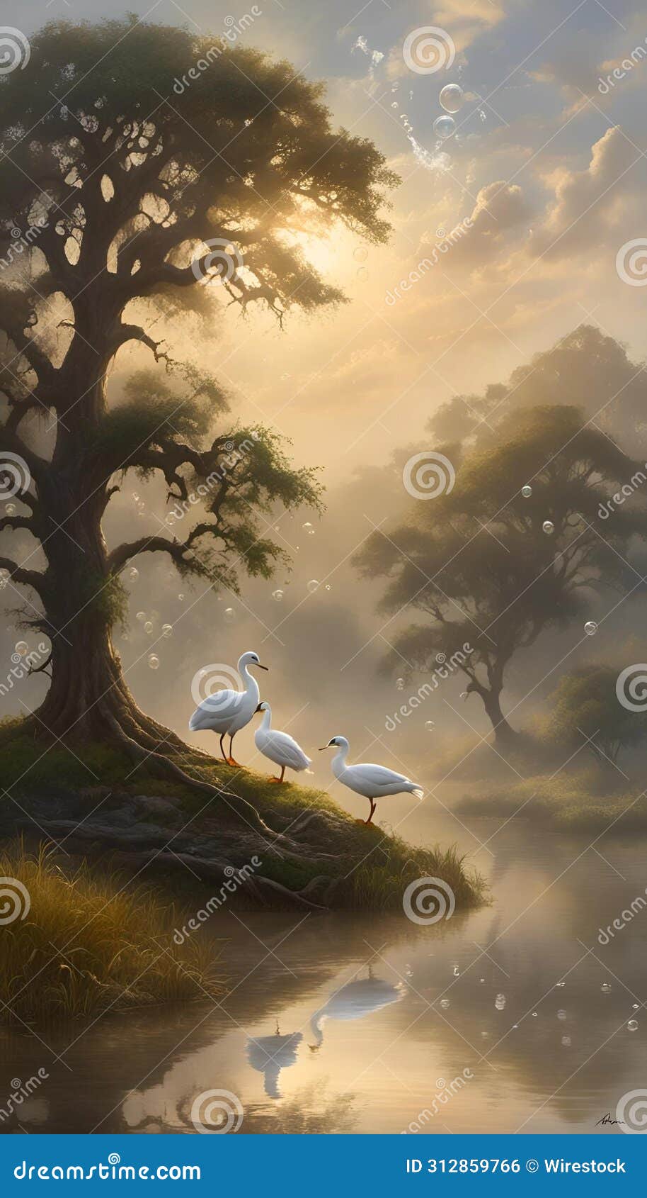 AI Generated Illustration of Holden Hour Swans Perched on Riverbank ...
