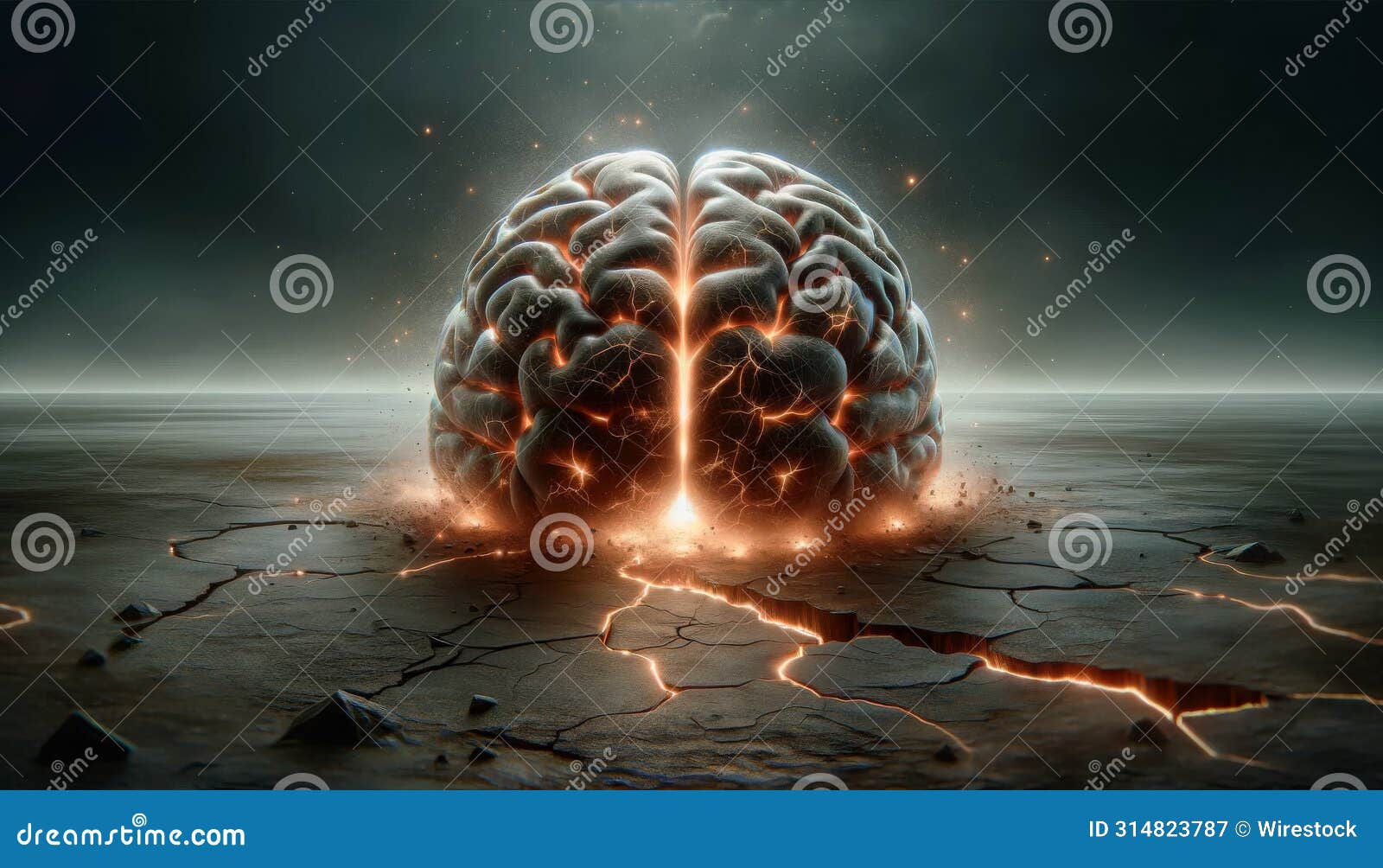 AI Generated Illustration of a Human Brain on a Cracked Surface Glows ...