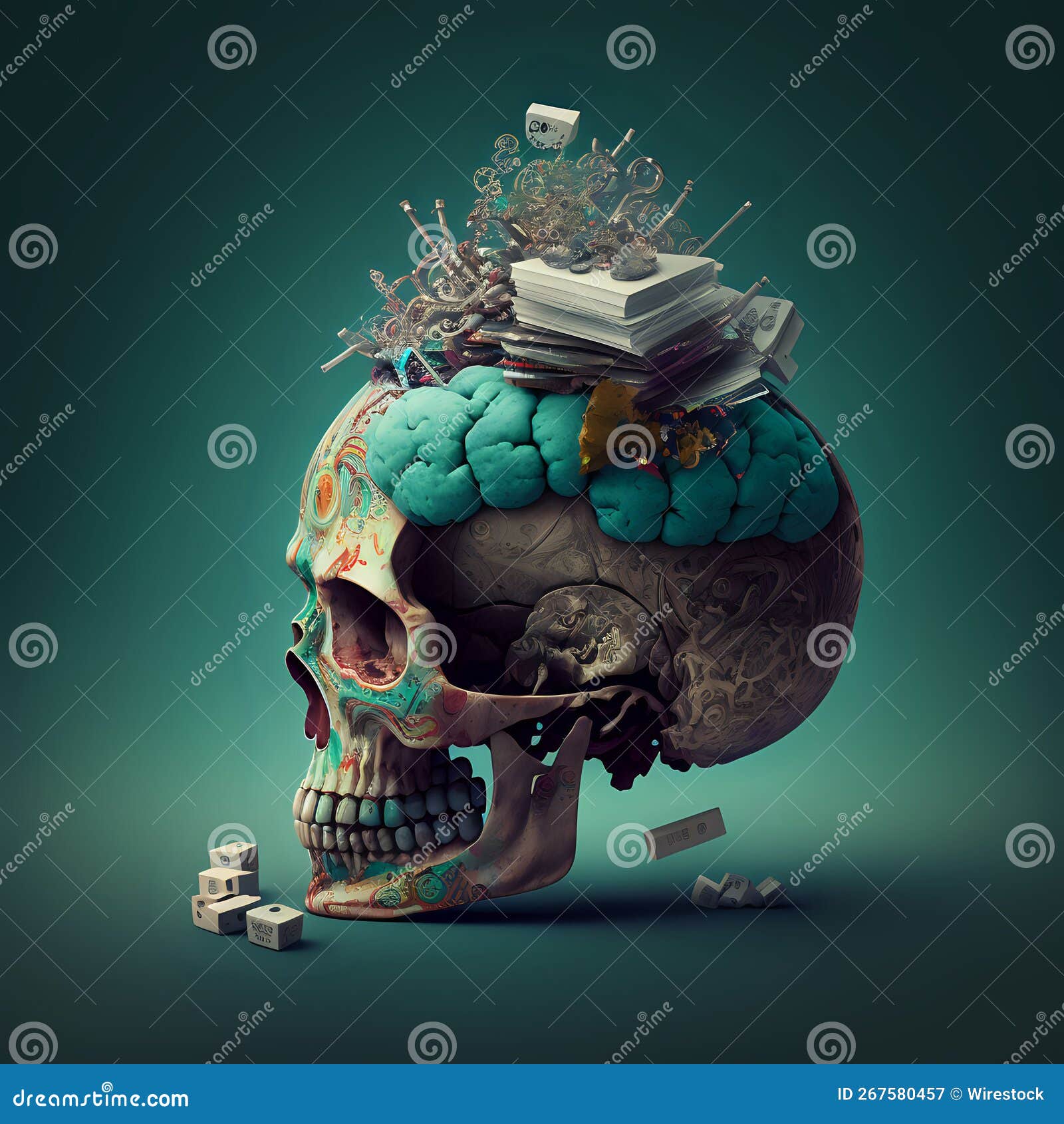 AI Generated Illustration of a Human Head Skeleton with a Pile of ...