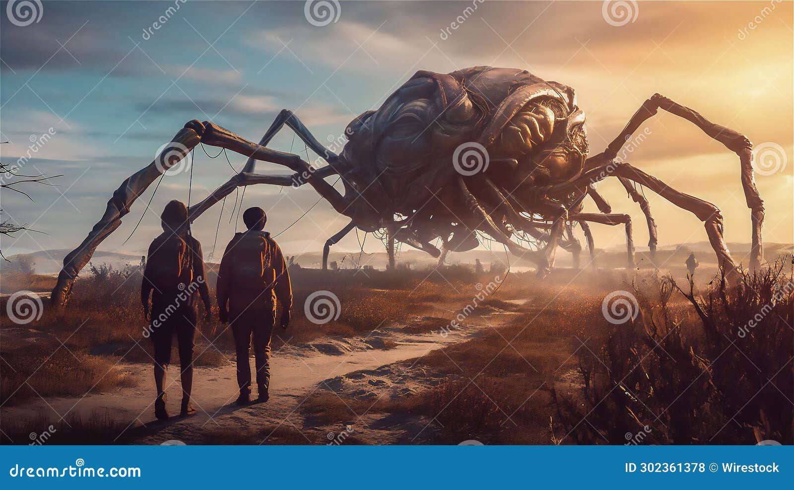 AI Generated Illustration of Humans Standing Facing a Large Evil Cyborg ...