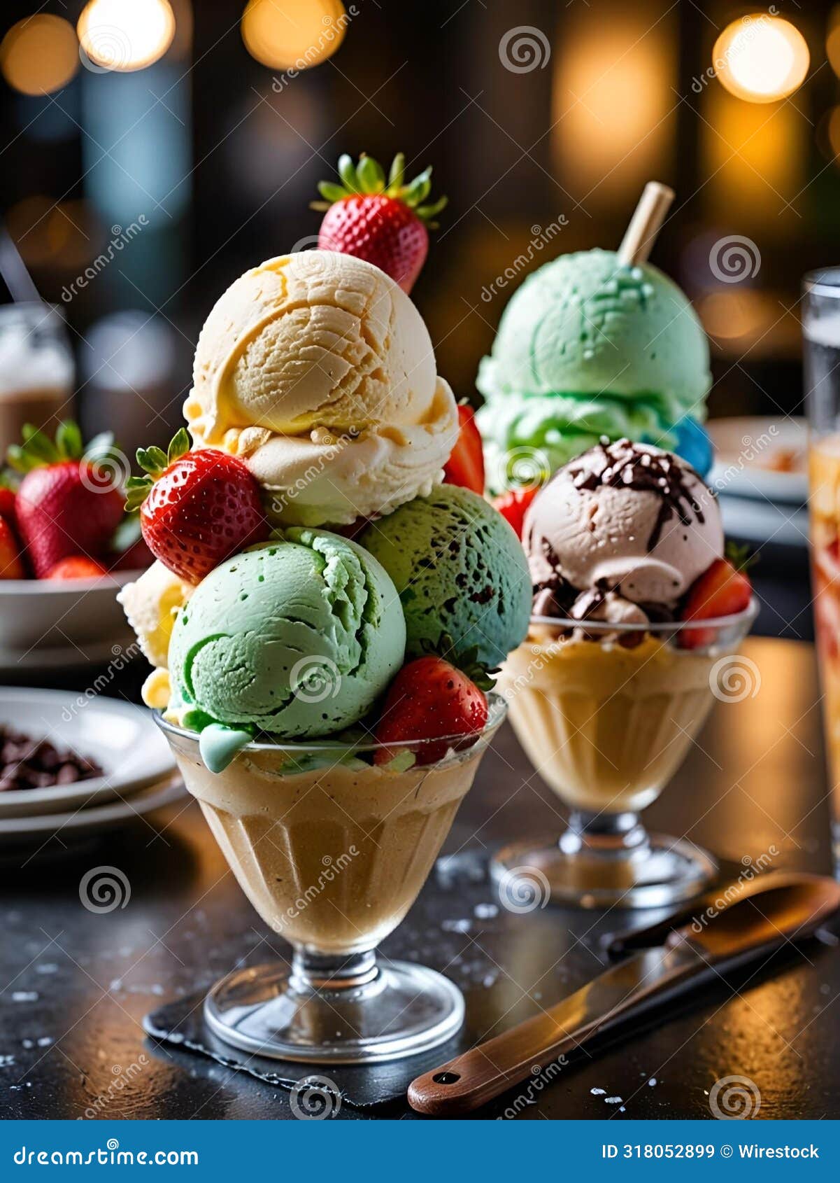 AI Generated Illustration of Ice Cream Sundaes with Three Scoops Each ...