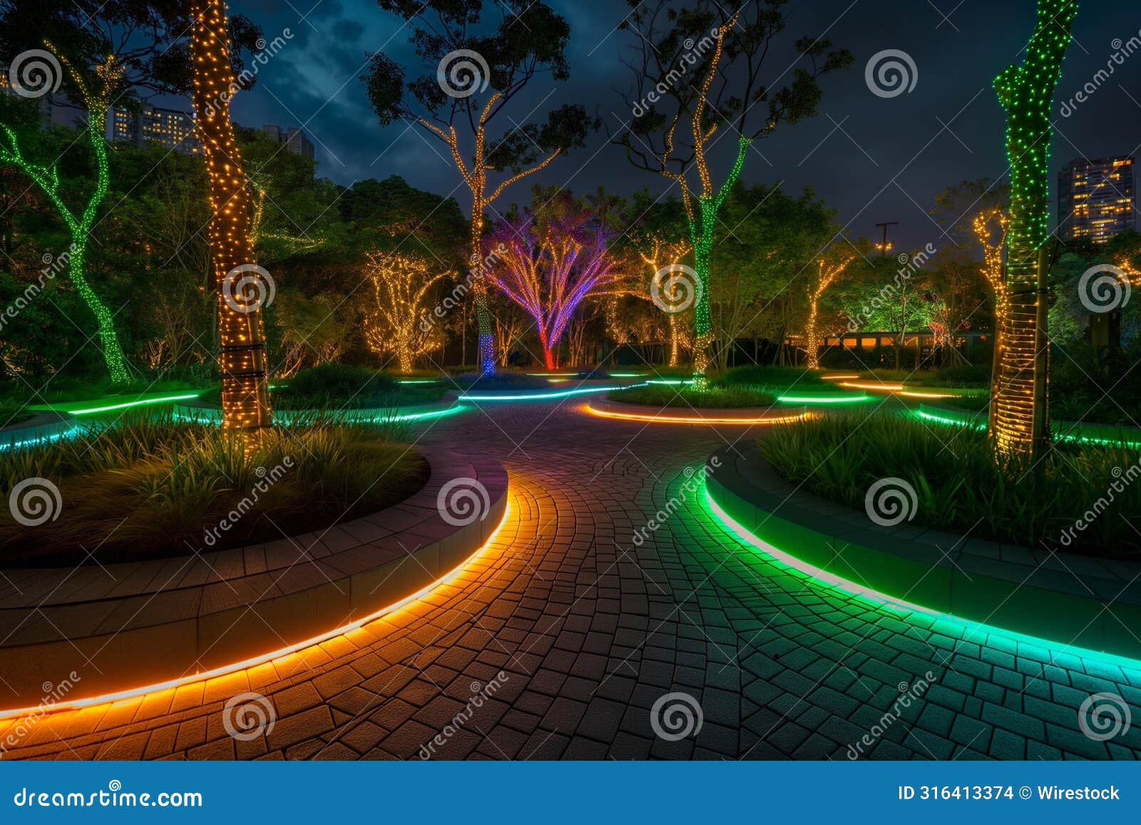 Walkways that Have Been Lined with Lights and Trees on Them Stock Photo ...