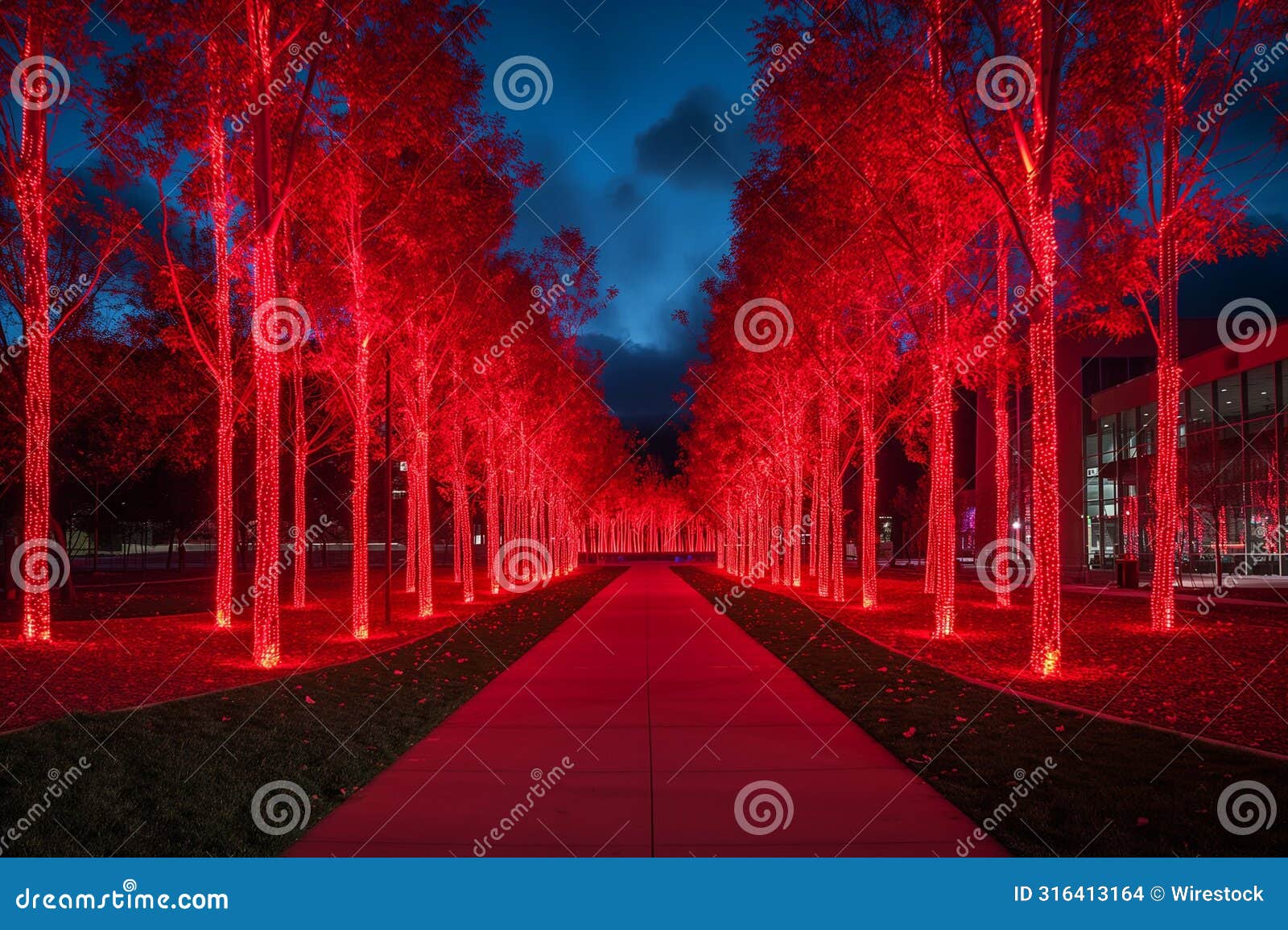 There is a Red Lighted Path Down the Street from a Building Stock Photo ...