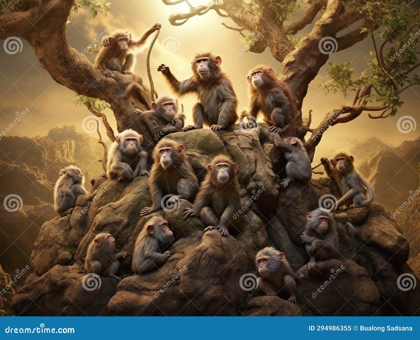 Baboons in tree stock illustration. Illustration of aigenerated - 294986355