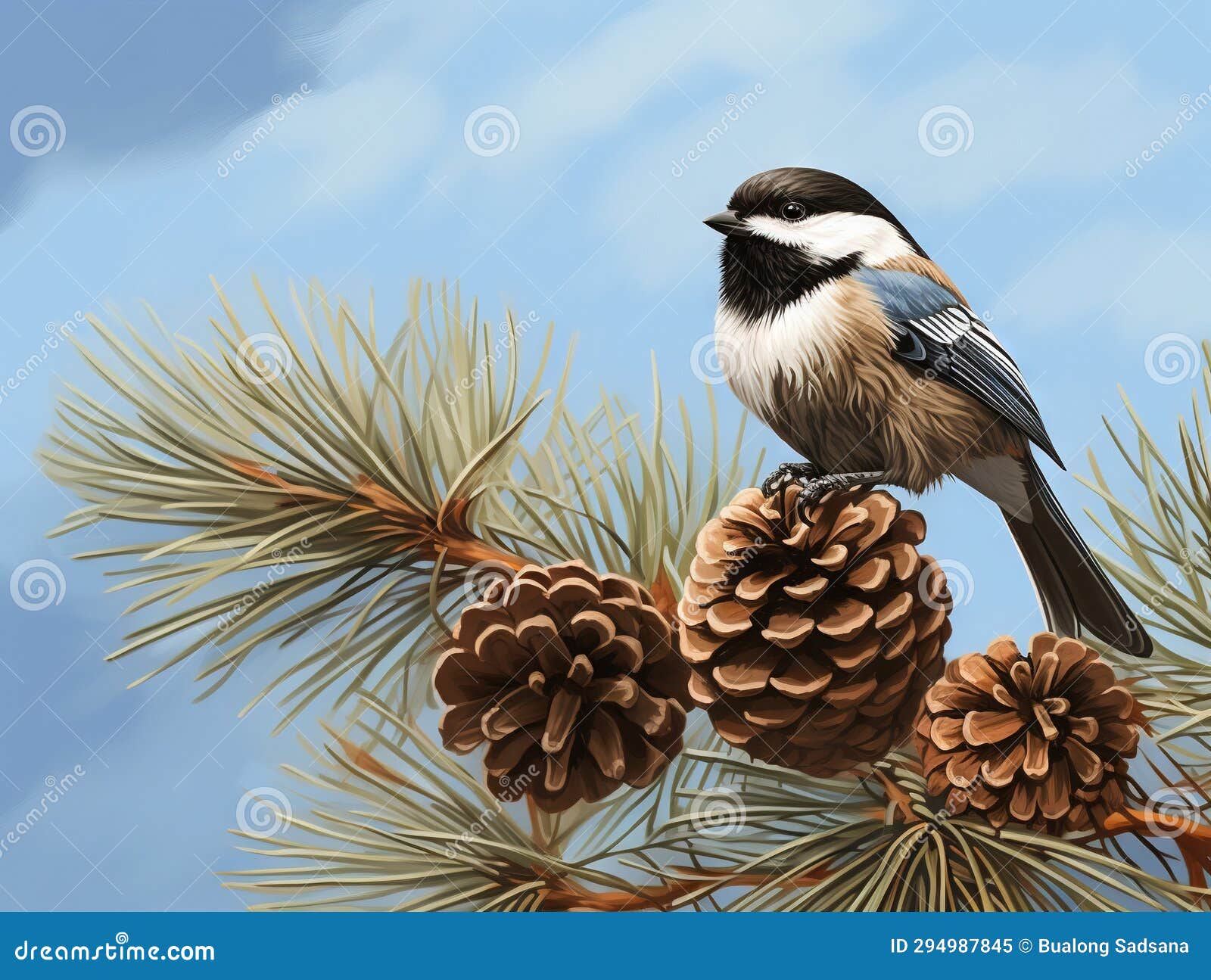 Chickadee with a Pine Cone stock illustration. Illustration of atricapilla - 294987845