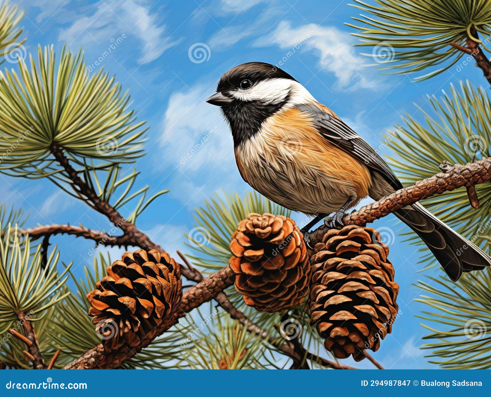 Chickadee with a Pine Cone stock illustration. Illustration of creative - 294987847