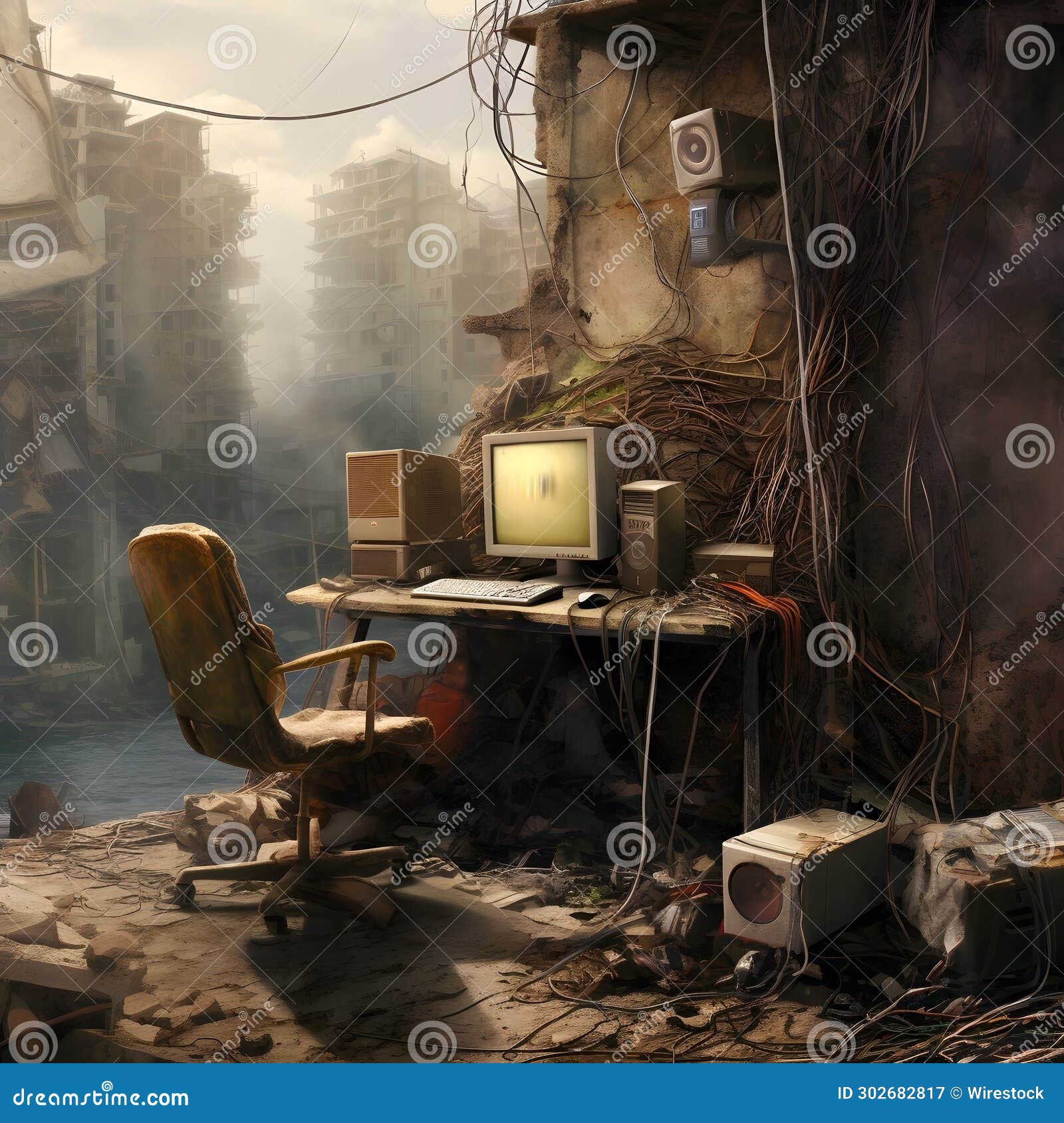 A Post-apocalyptic Scene with a Chair and a Computer in the Foreground ...